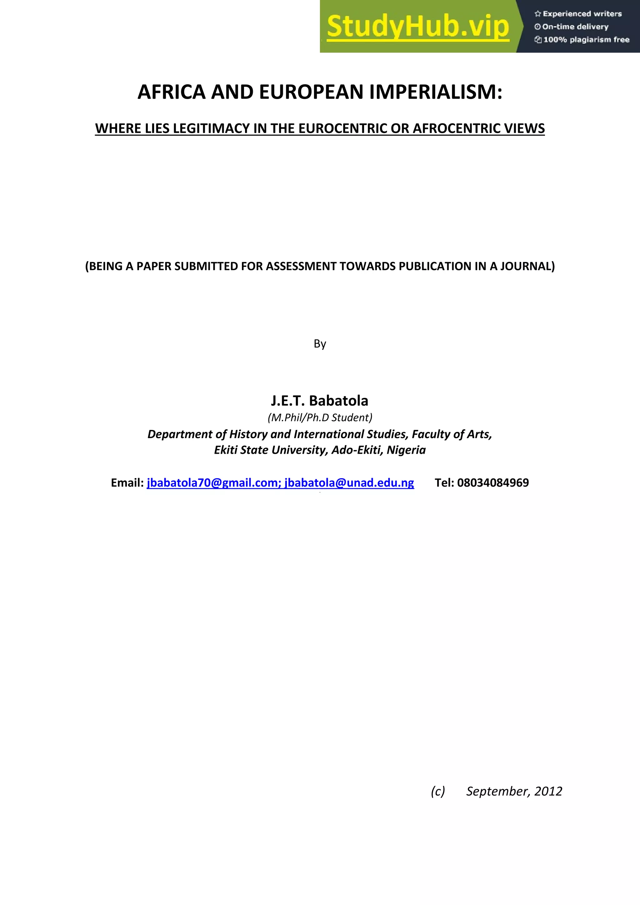 AFRICA AND EUROPEAN IMPERIALISM WHERE LIES LEGITIMACY IN THE ...