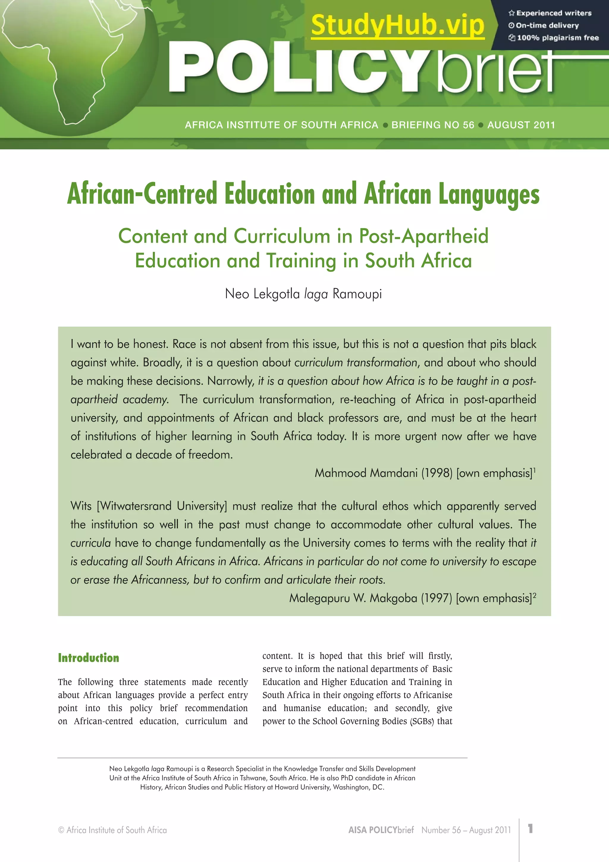 African-Centred Education And African Languages In South Africa | PDF