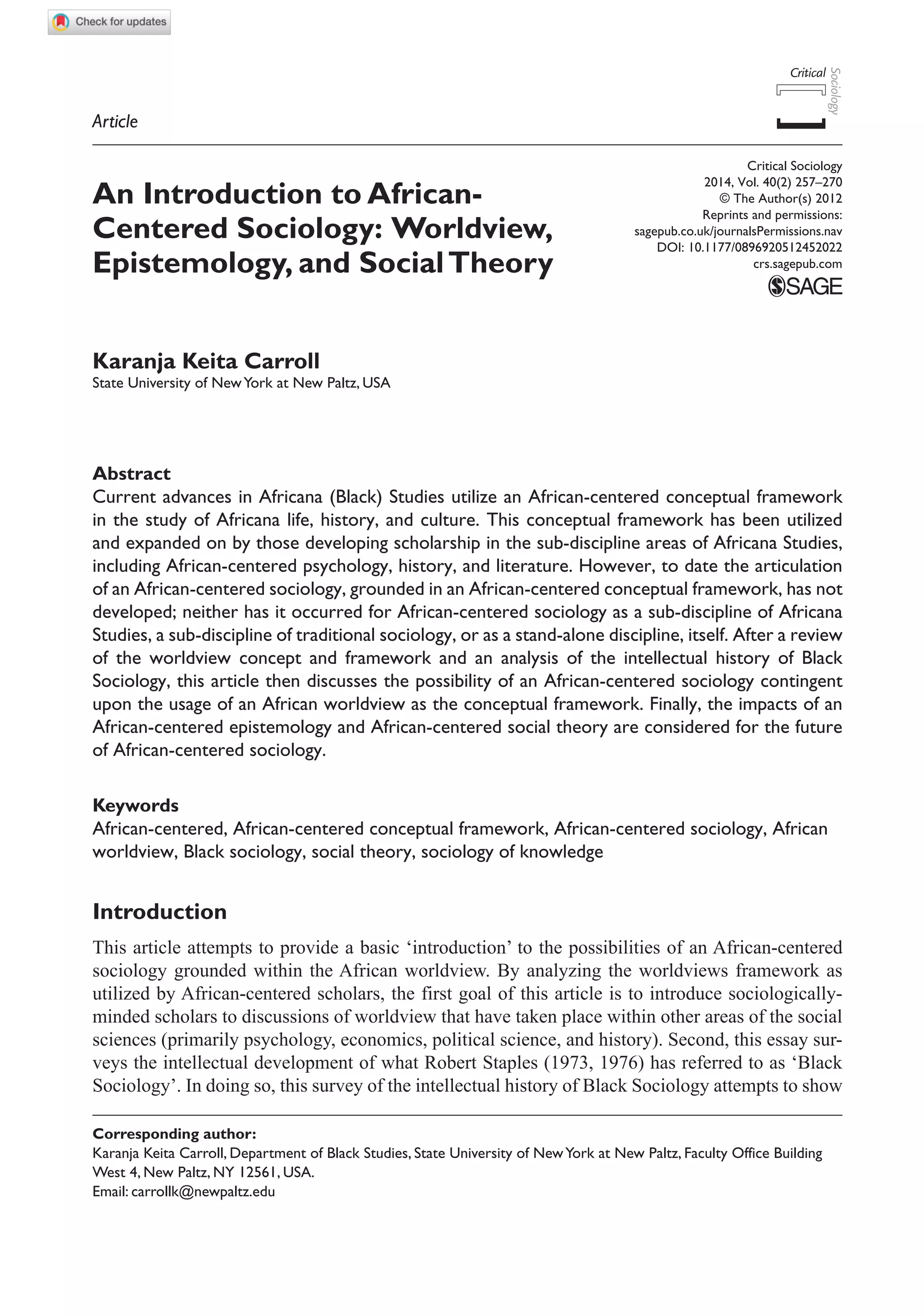 An Introduction to African Centered Sociology: Worldview, Epistemology ...