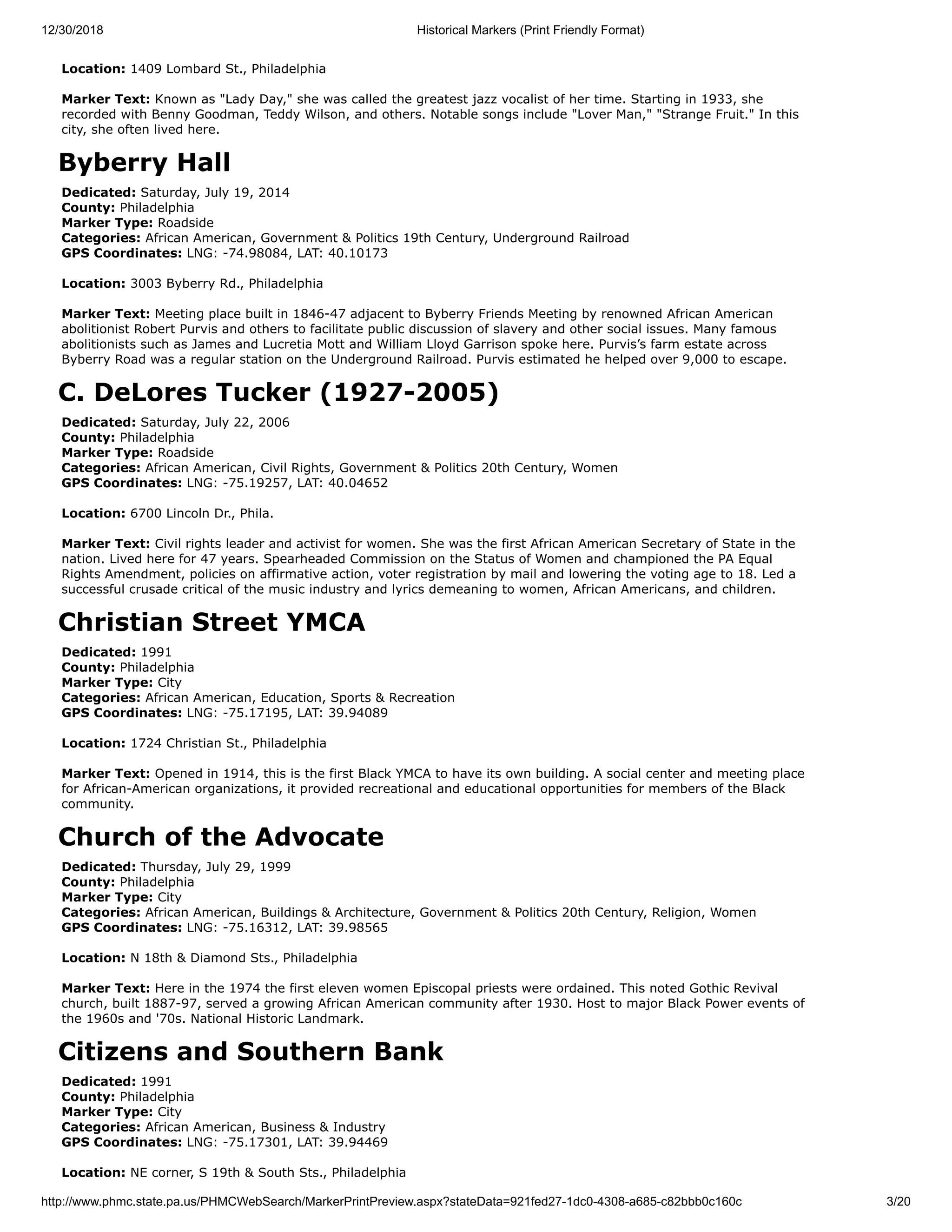 African American Historical Markers in Philadelphia | PDF