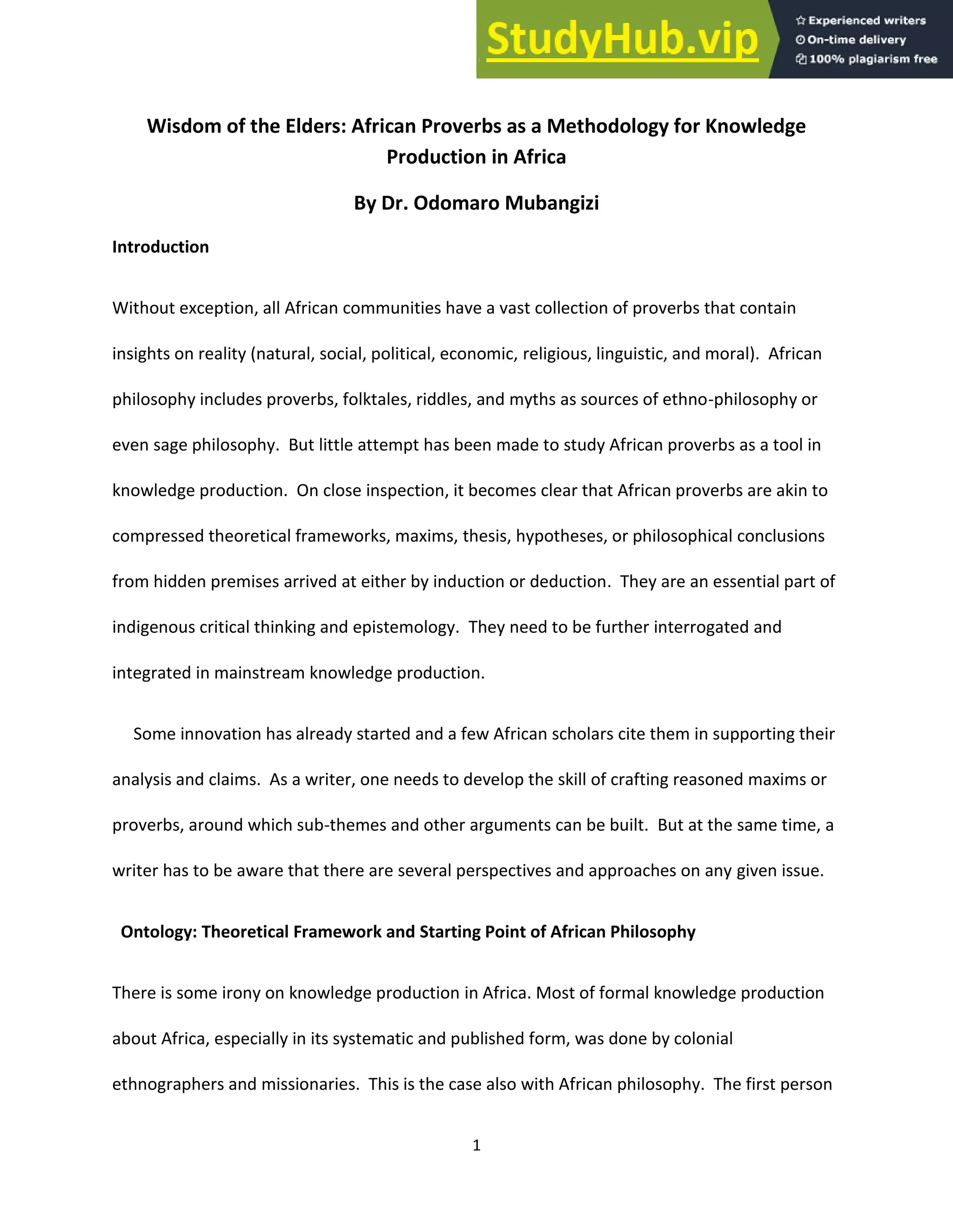 African Proverbs A Method Of Knowledge Production In Africa | PDF