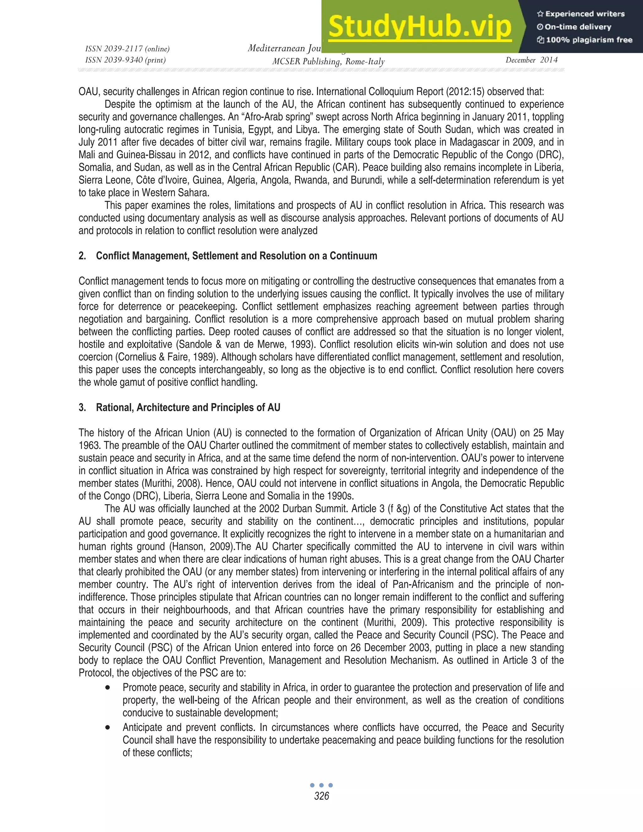 African Union And Conflict Resolution In Africa | PDF