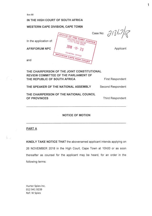 Afriforum court papers challenging parliament