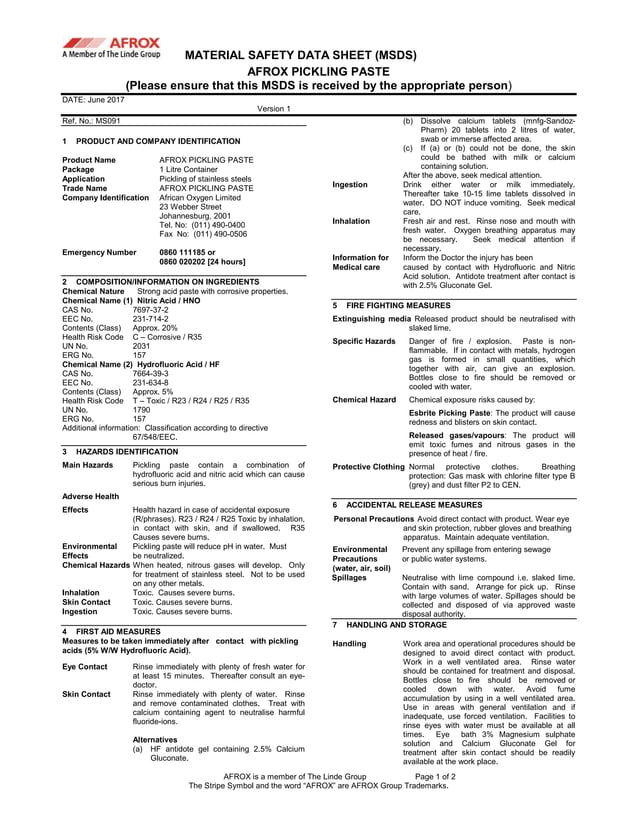 Afrox Pickling Paste_tcm266-27710.pdf | First Aid | Injuries