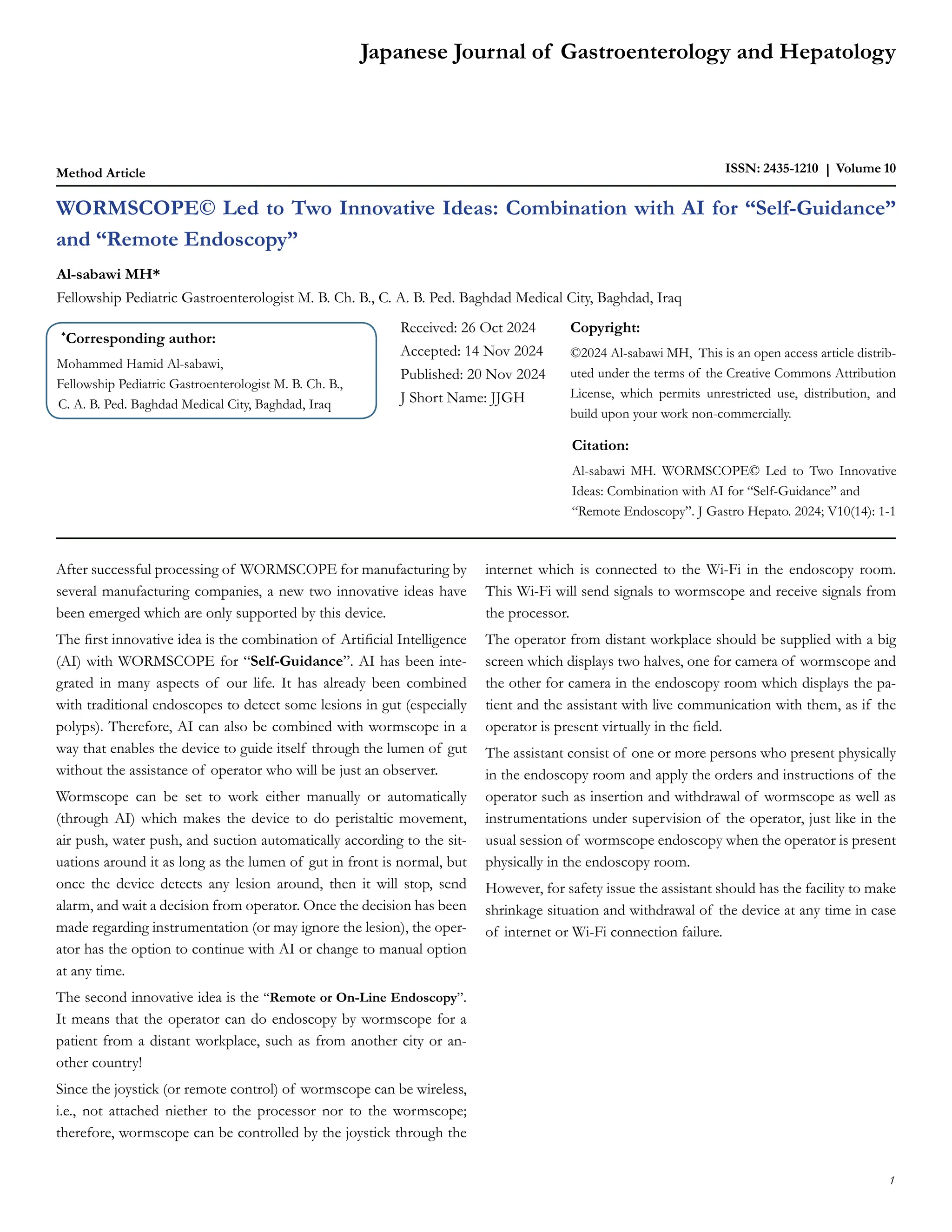 WORMSCOPE© Led to Two Innovative Ideas: Combination with AI for “Self-Guidance” and “Remote ...