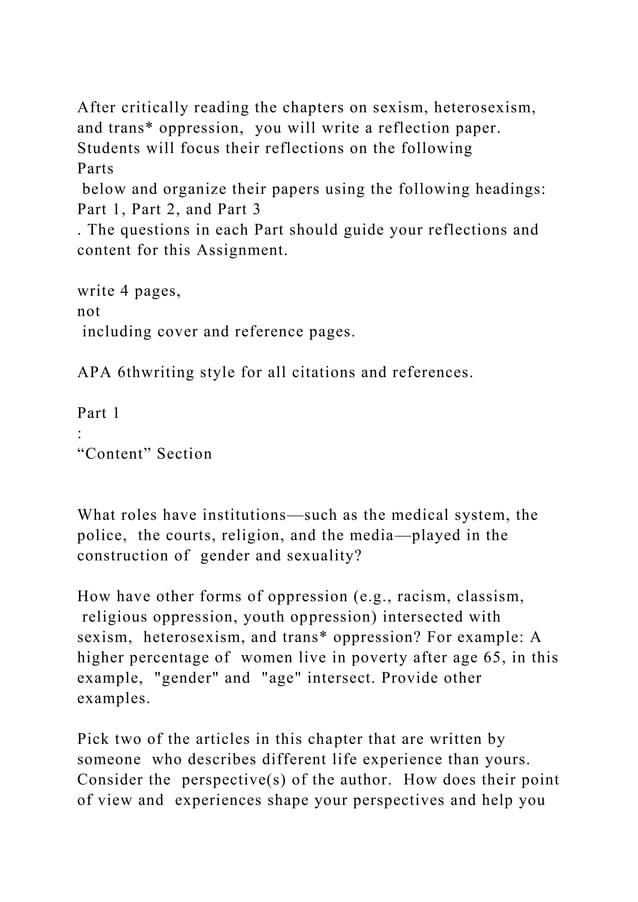 After critically reading the chapters on sexism, heterosexism, and t.docx