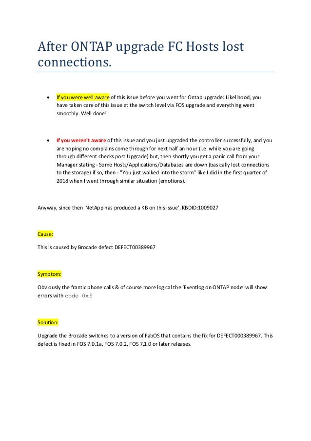 After Ontap Upgrade Fc Hosts Lost Connections