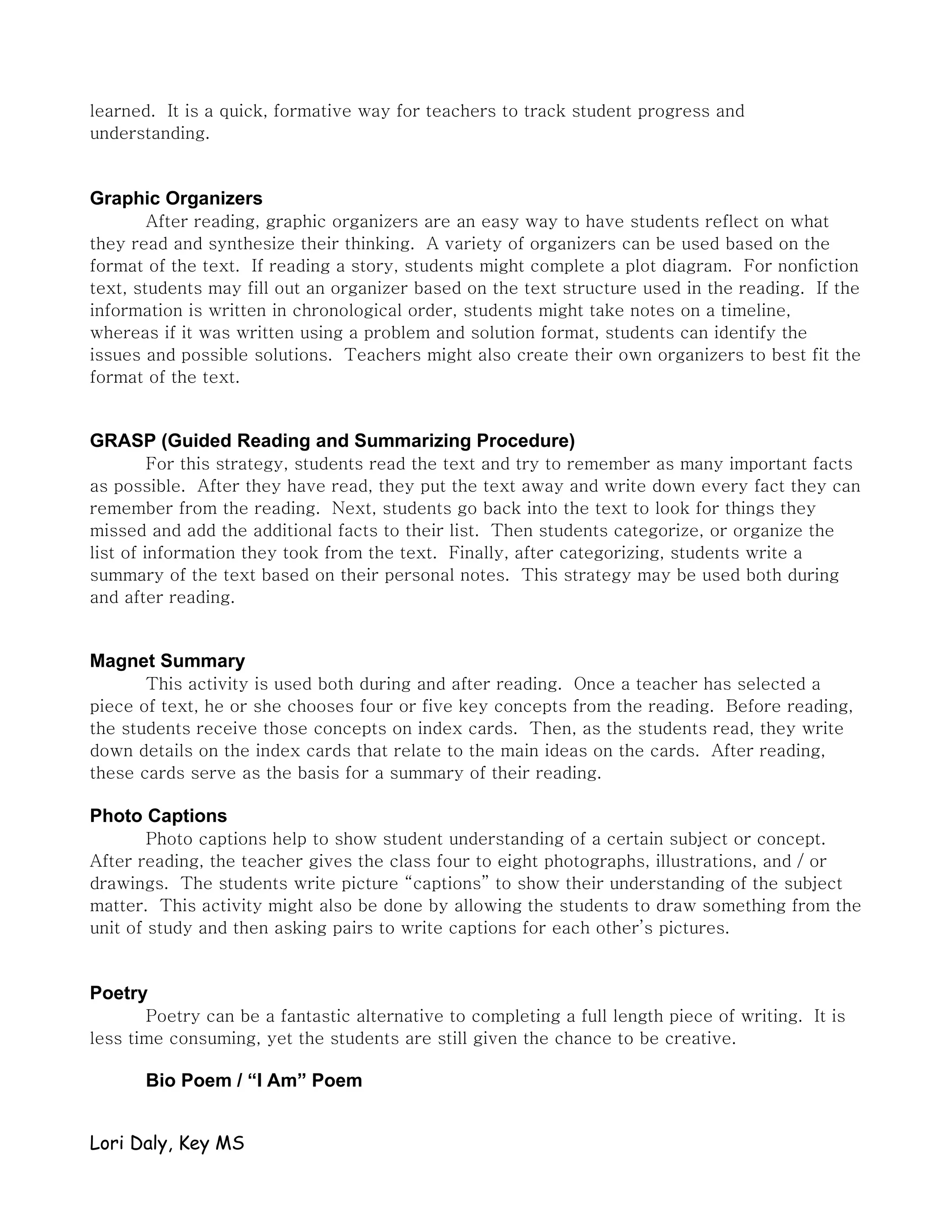 After Reading Strategies | DOC | Educational Assessment | Education