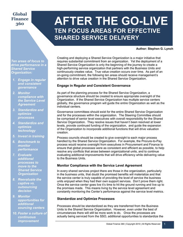 After the Go-live: Ten Focus Areas for Effective Shared Services ...