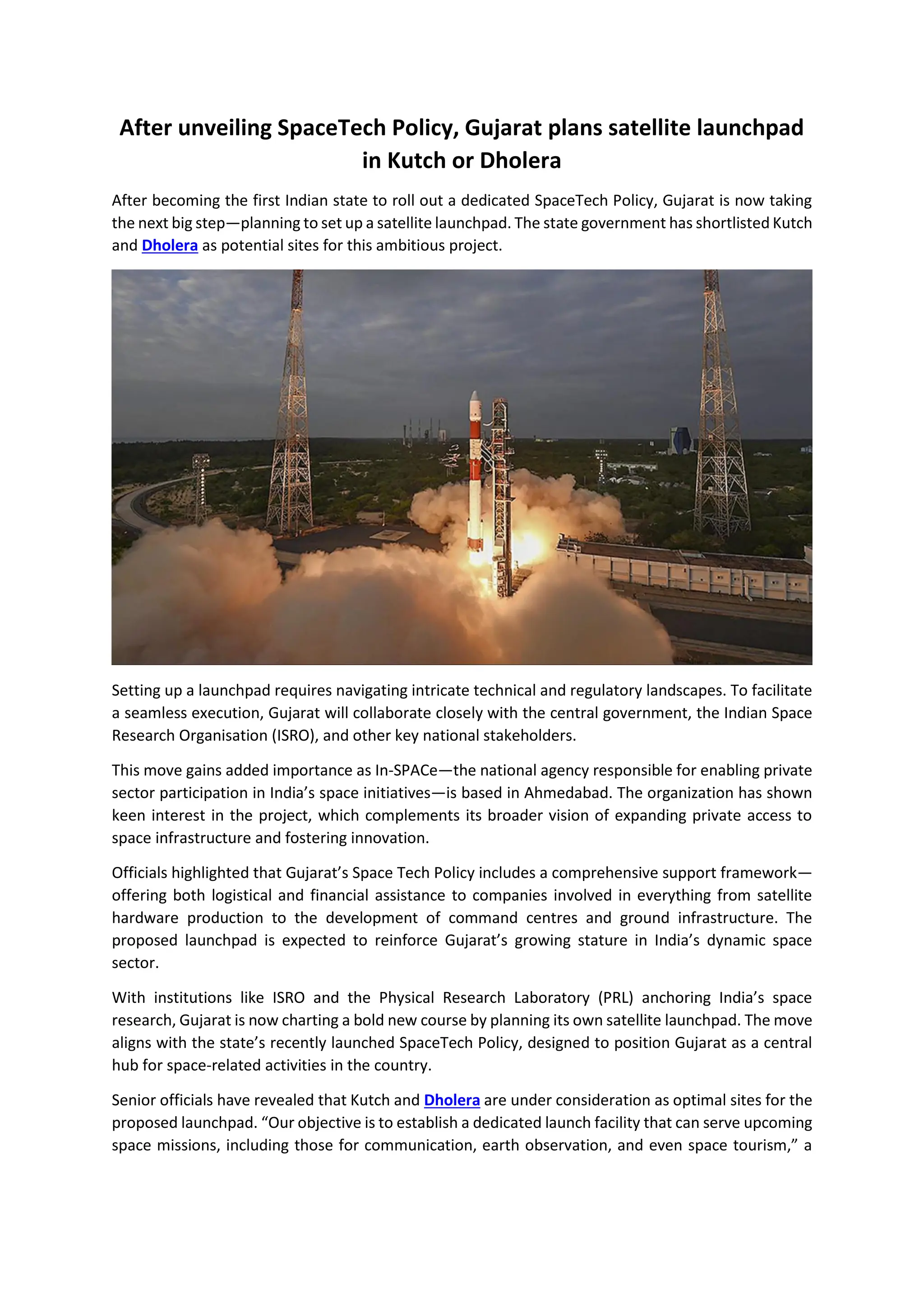 After unveiling SpaceTech Policy, Gujarat plans satellite launchpad in ...