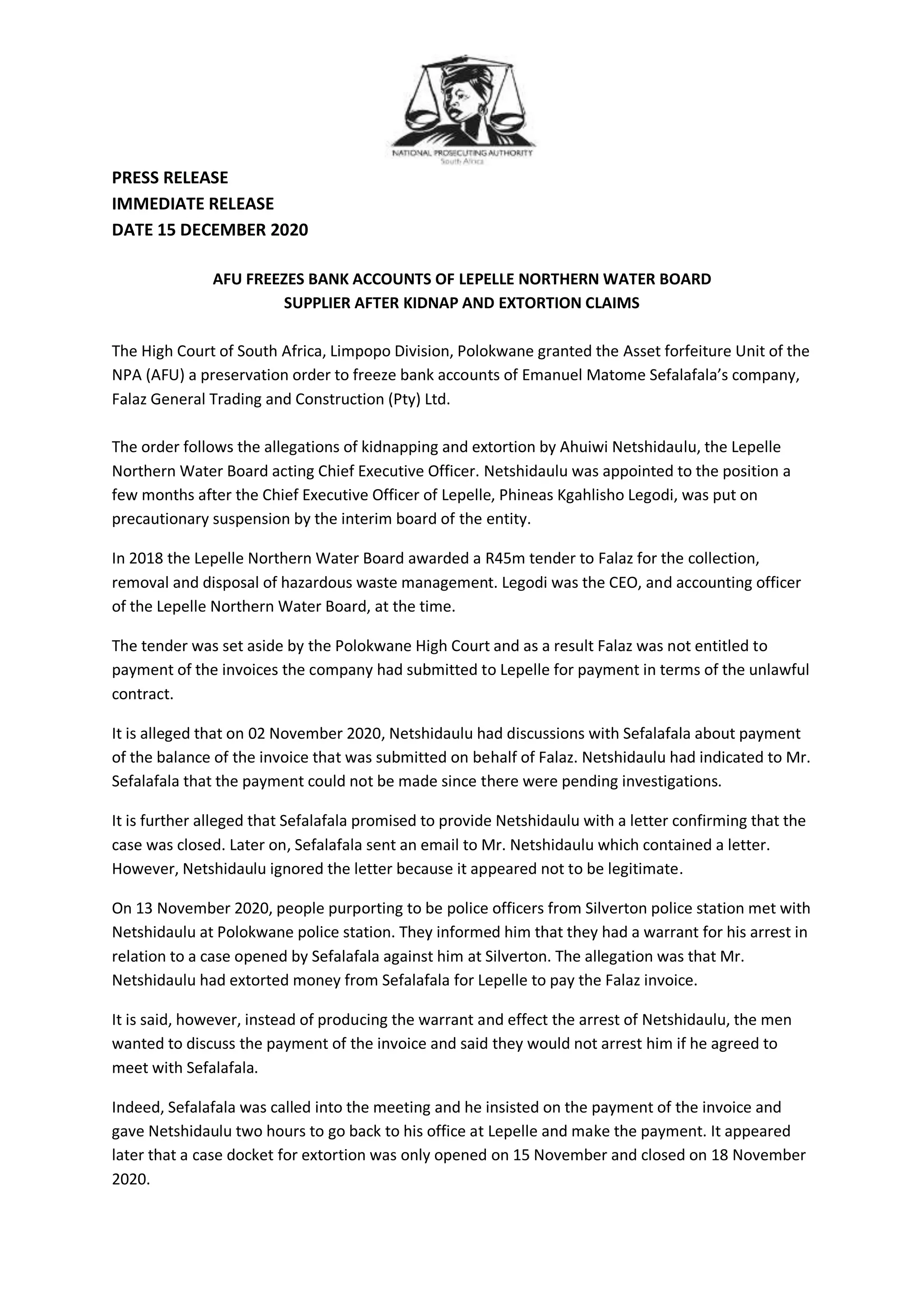 Afu freezes lepelle northern water board supplier | PDF