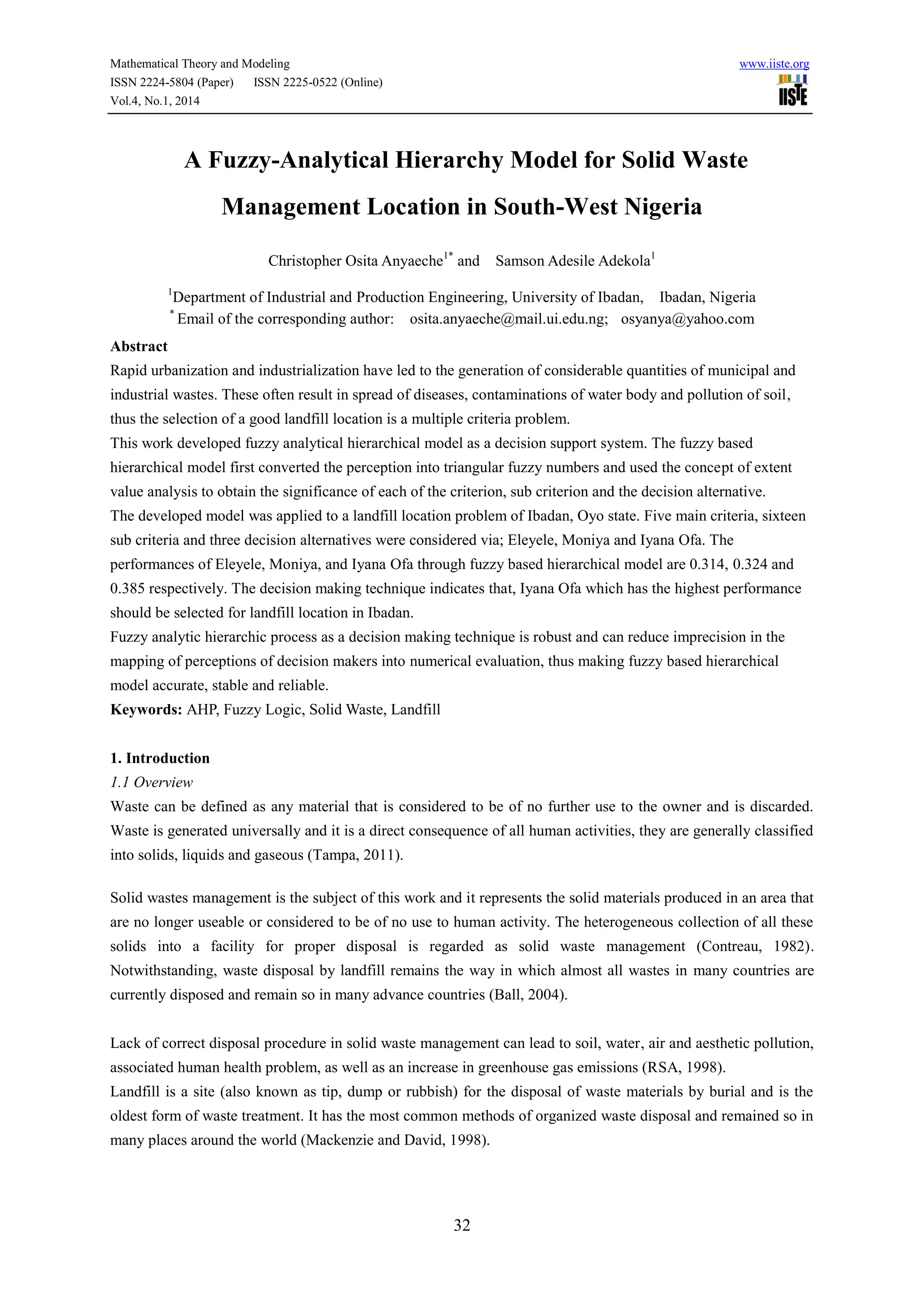 A fuzzy analytical hierarchy model for solid waste | PDF