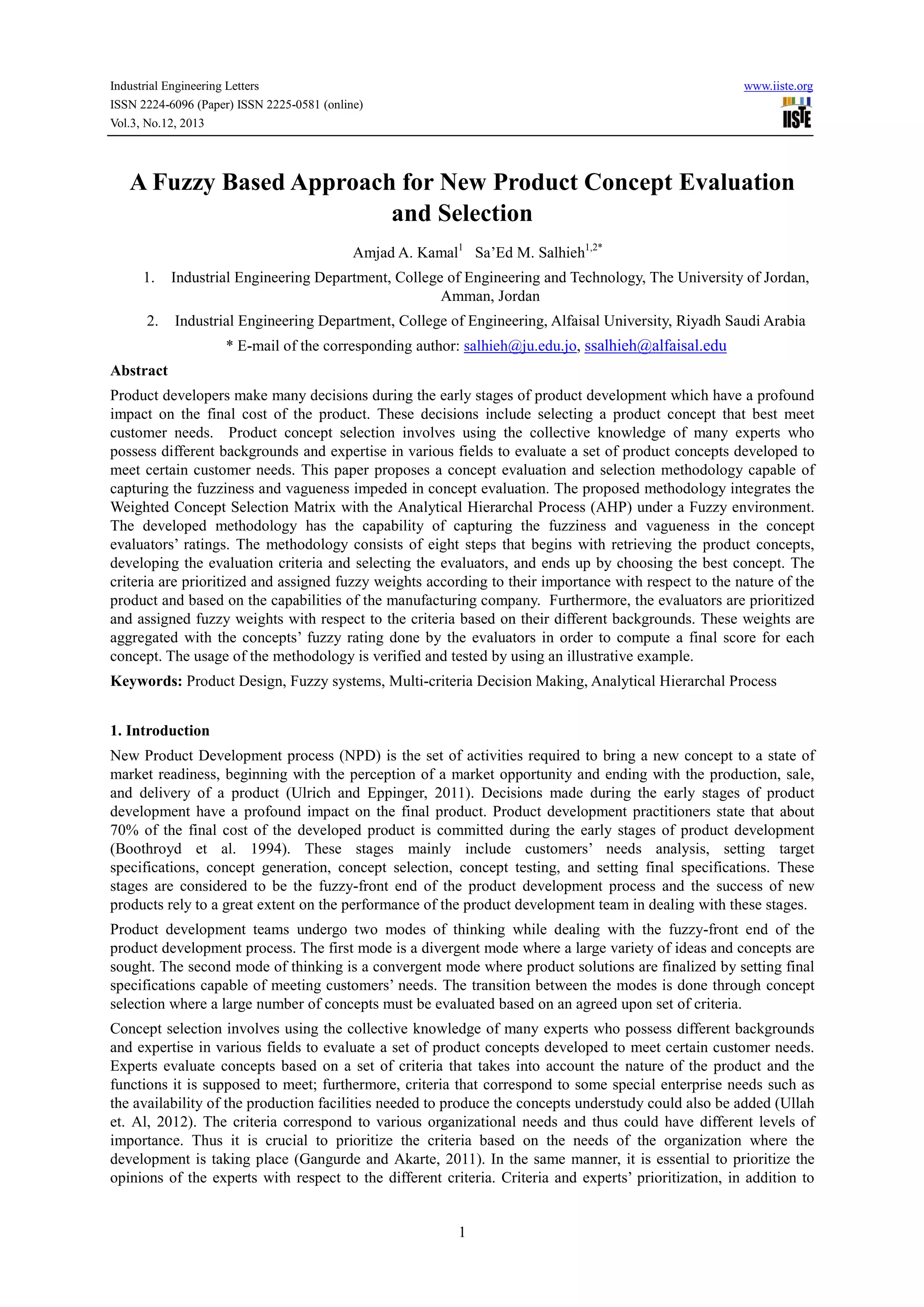 A Fuzzy Based Approach For New Product Concept Evaluation And Selection