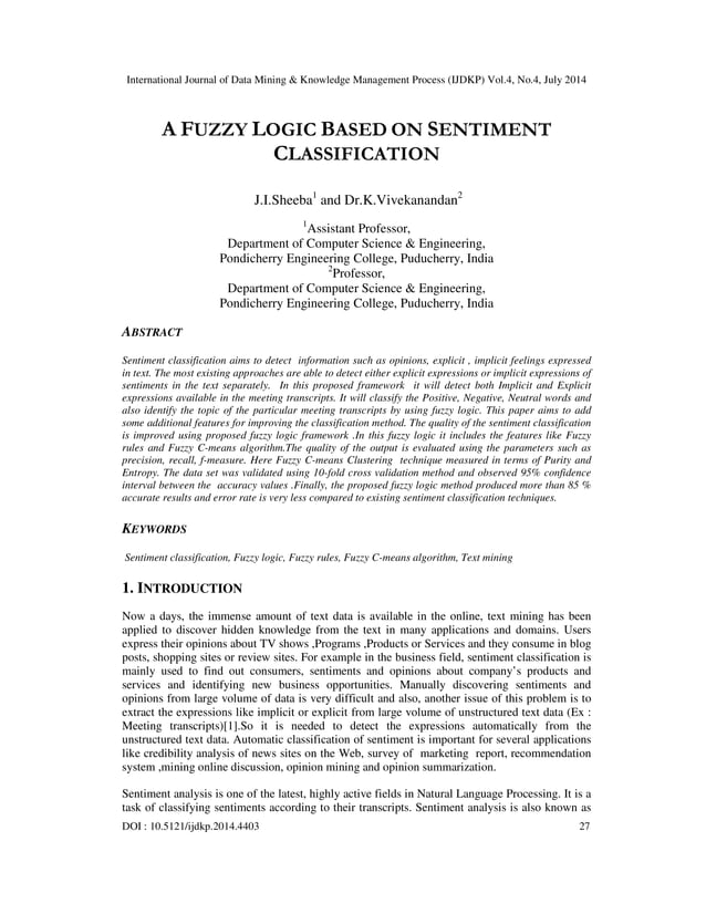 A Fuzzy Logic Based On Sentiment Pdf