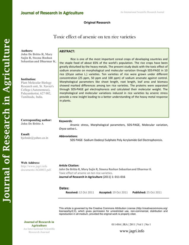 Toxic effect of arsenic on ten rice varieties | PDF