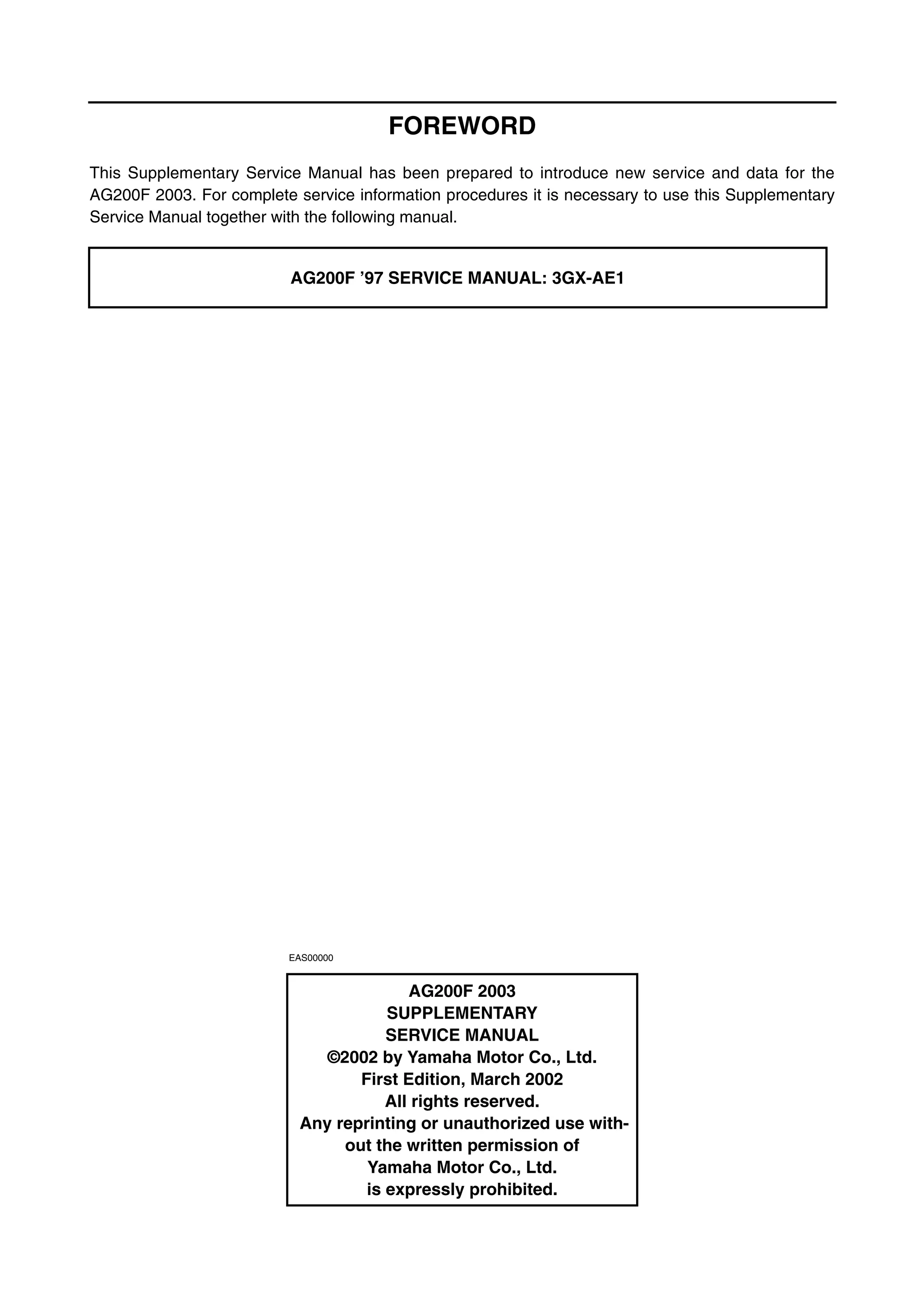 Yamaha AG200F (3GX-AE2) '03 service manual supplement | PDF