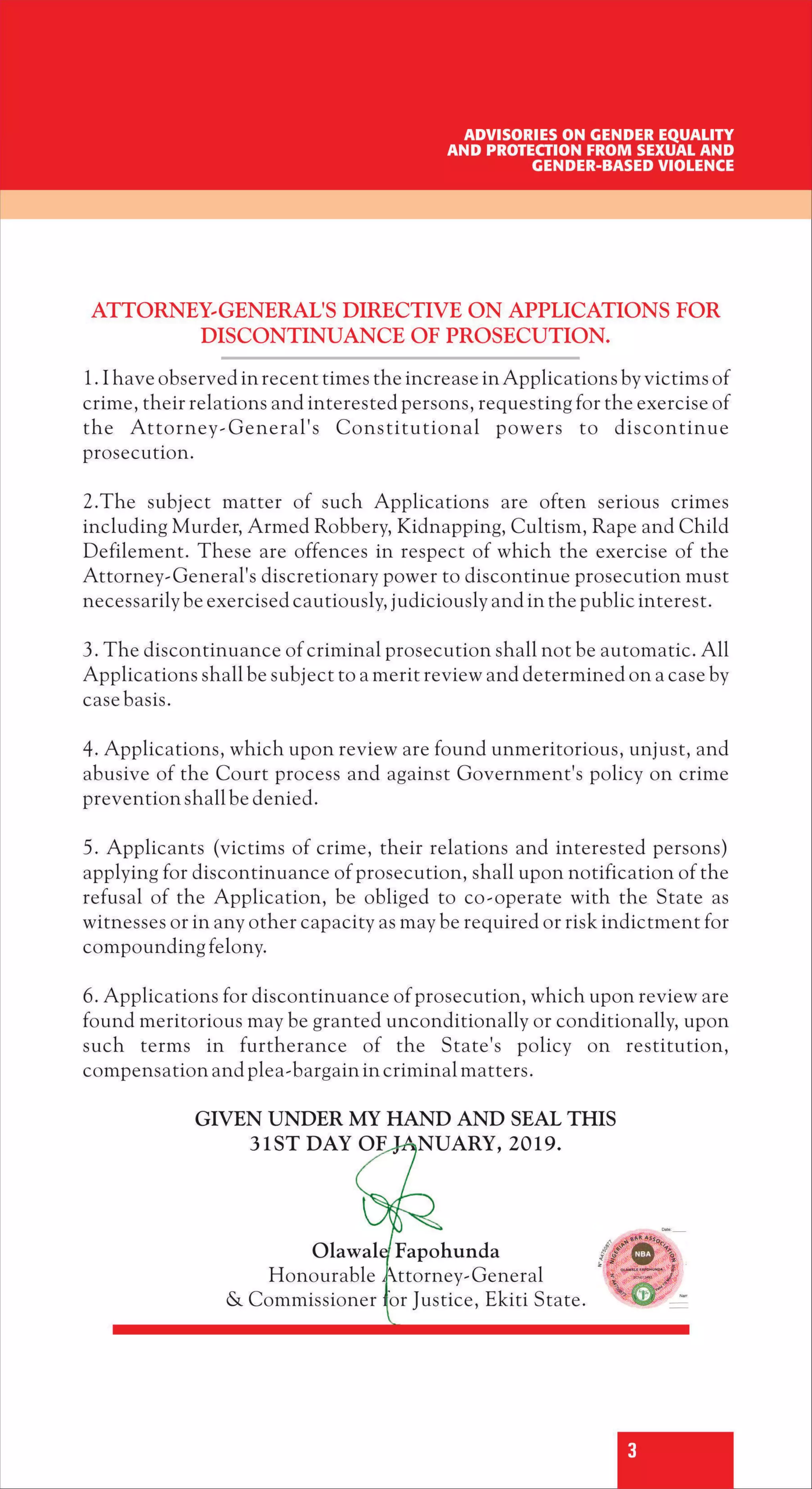 Ekiti Attoney General's Advisories on Gender Equality and Protection ...