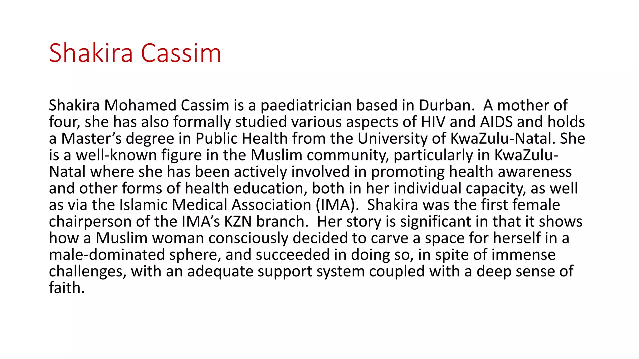 Shakira Cassim - A woman against all odds Presentation - Fatima Asmal | PPT