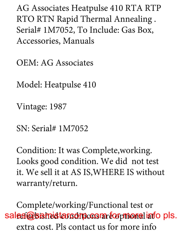 AG Associates Heatpulse 410 RTA RTP RTO RTN Rapid Thermal Annealing | PDF