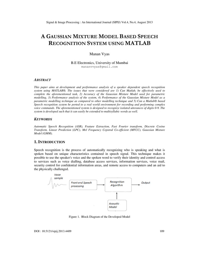 A Gaussian Mixture Model Based Speech Recognition System Using Matlab Pdf