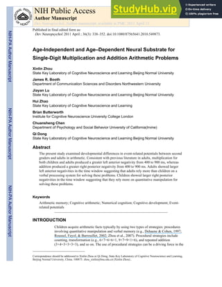 Age-Independent And Age-Dependent Neural Substrate For Single-Digit Multiplication And Addition ...