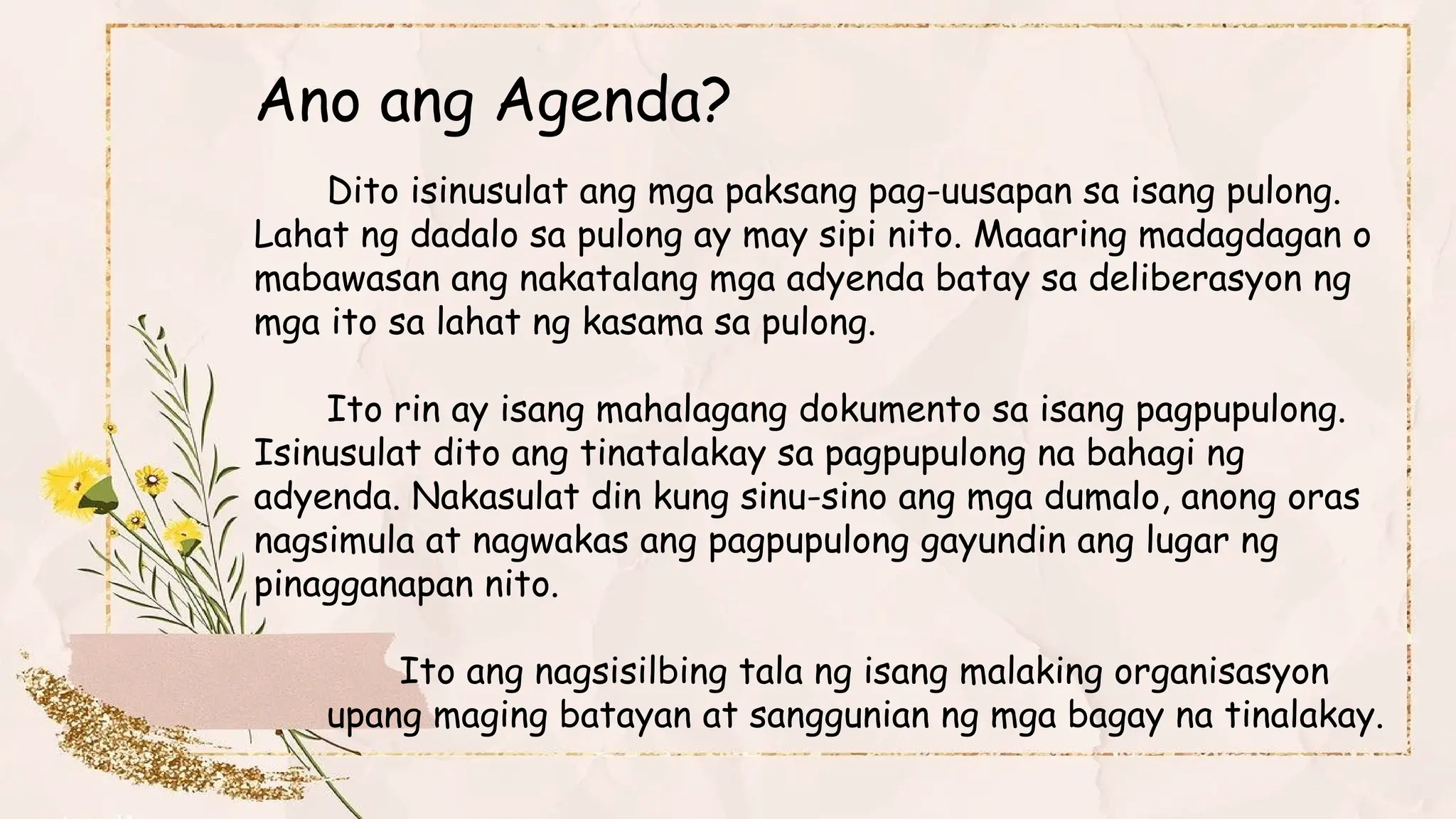 agenda report in piling larangan G12 school | PPTX