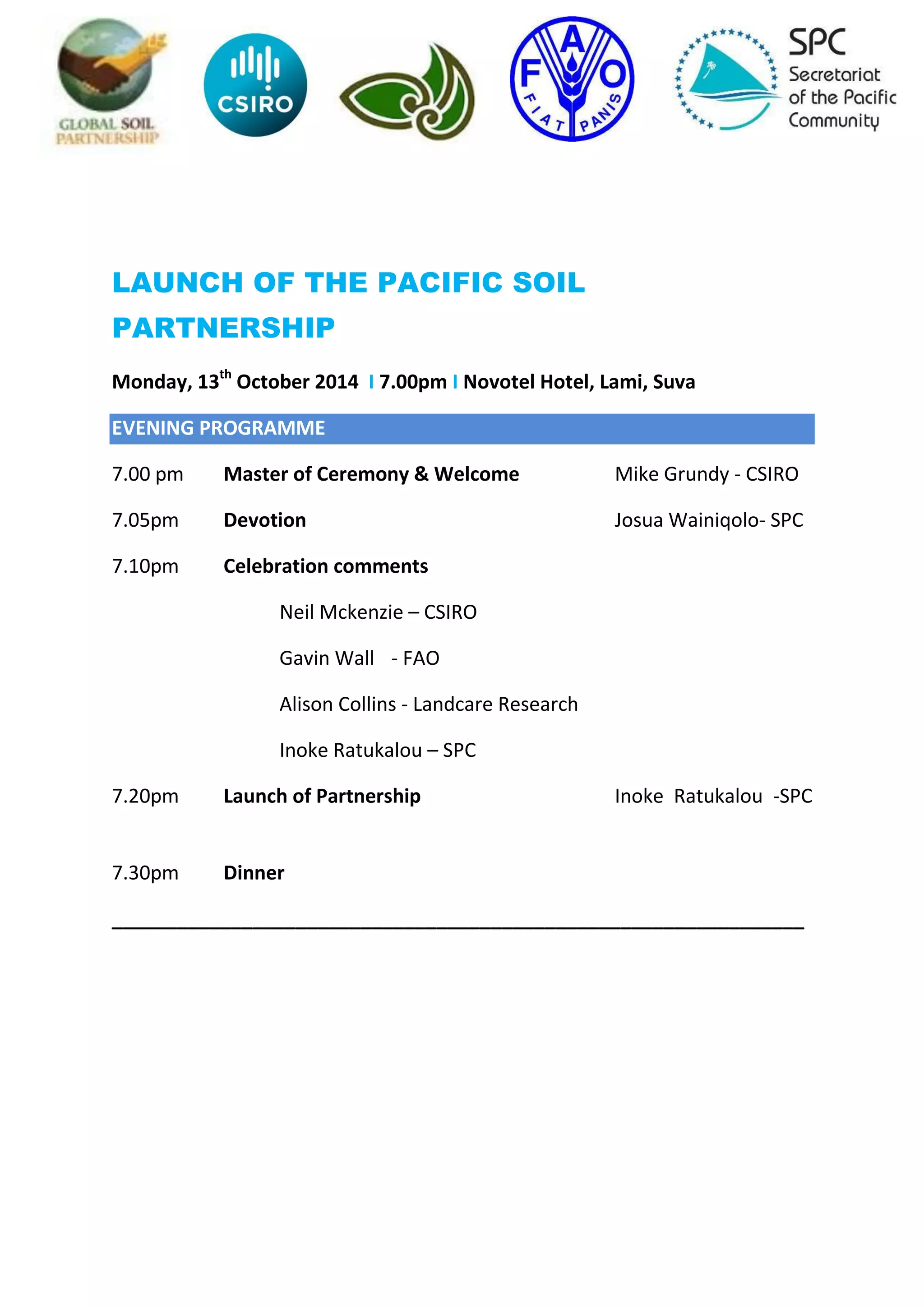 Pacific Soil Partnership Evening Agenda | PDF