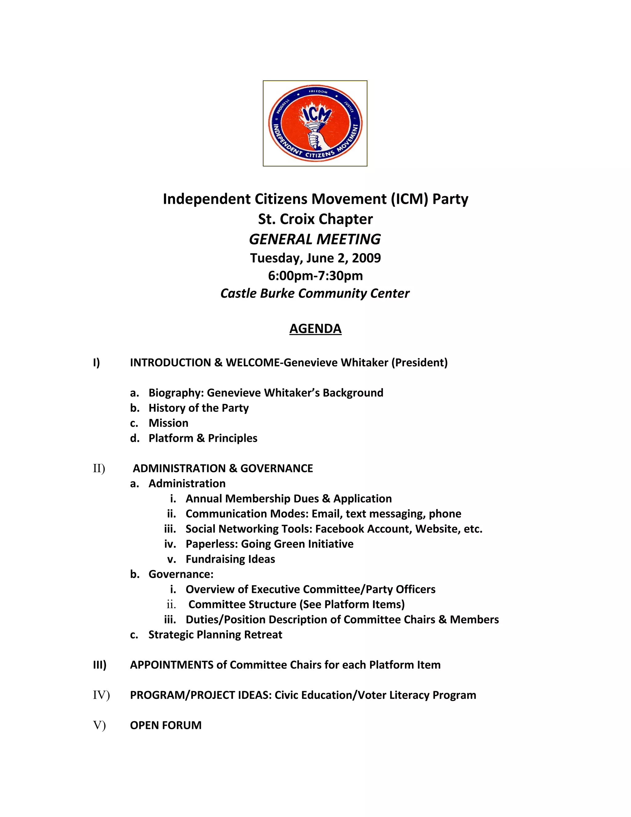 AGENDA ICM Party General Meeting (06019) Castle Burke Cmnty Center | DOC