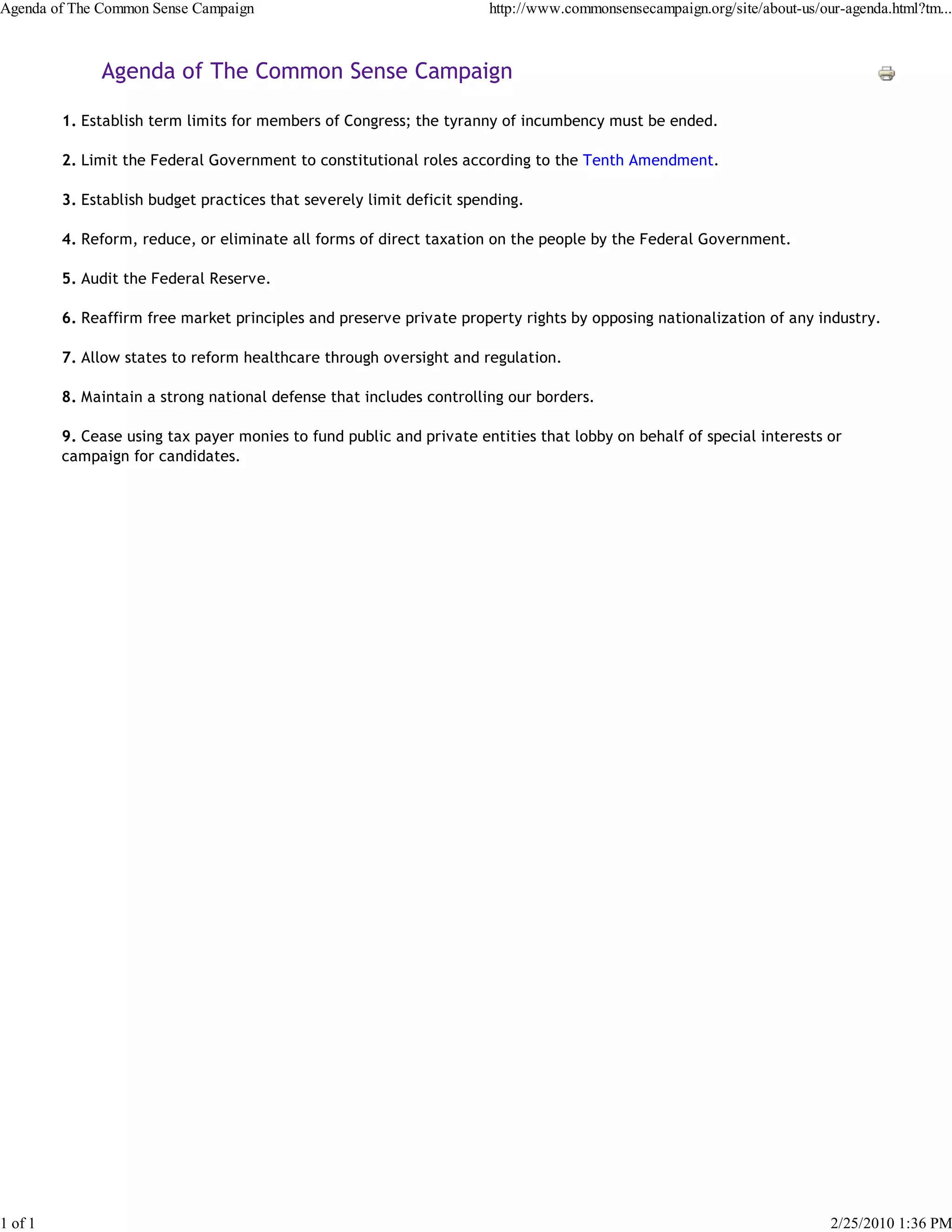 Agenda Of The Common Sense Campaign | PDF