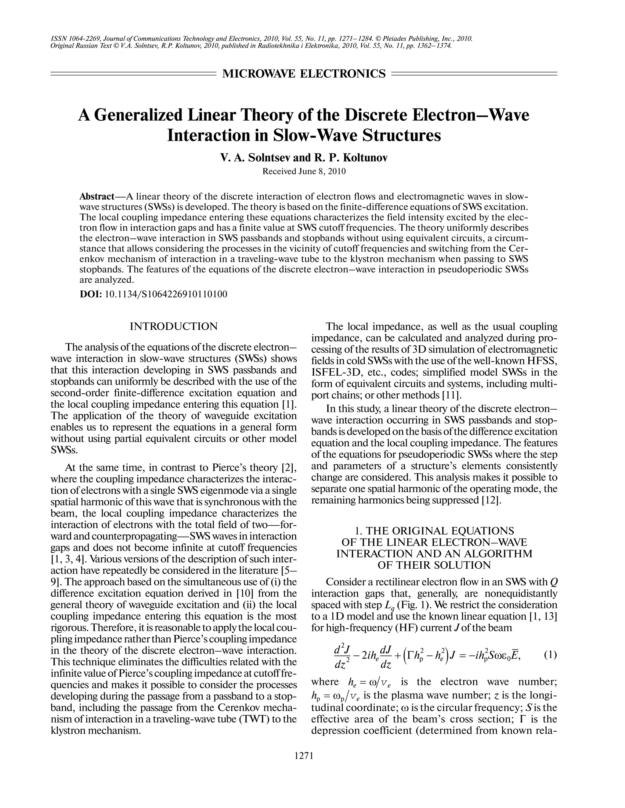 A generalized linear theory of the discrete electron–wave interaction ...