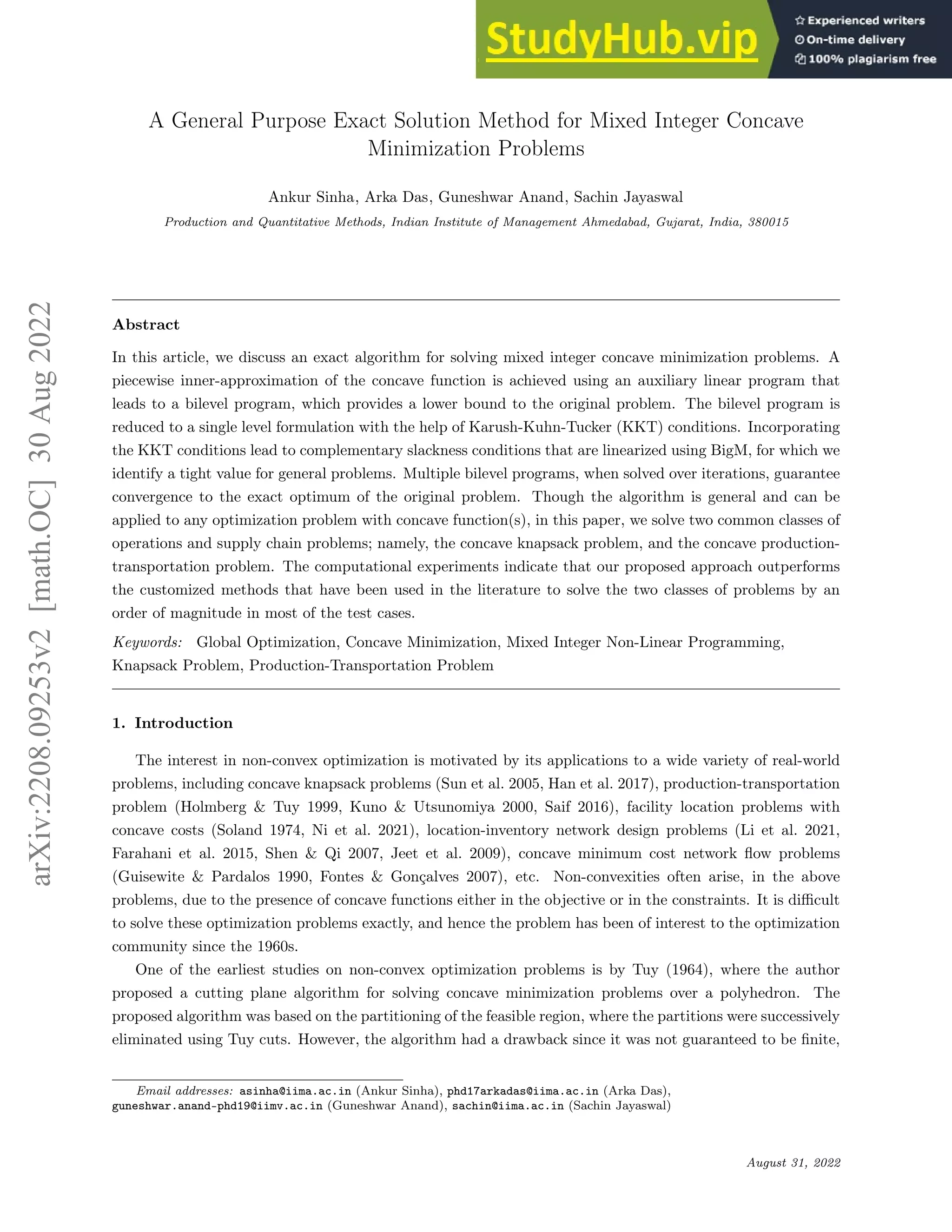 A General Purpose Exact Solution Method For Mixed Integer Concave