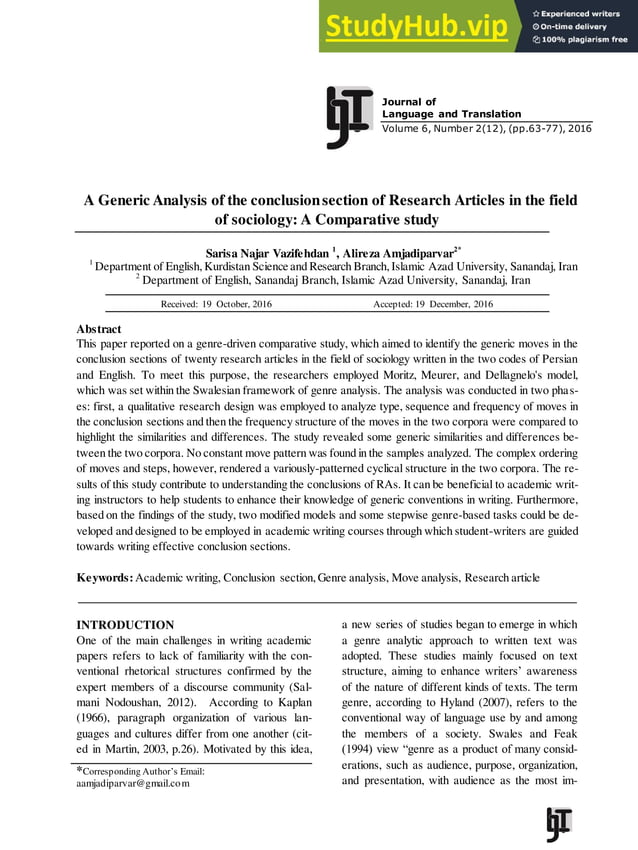 A Generic Analysis Of The Conclusion Section Of Research Articles In ...