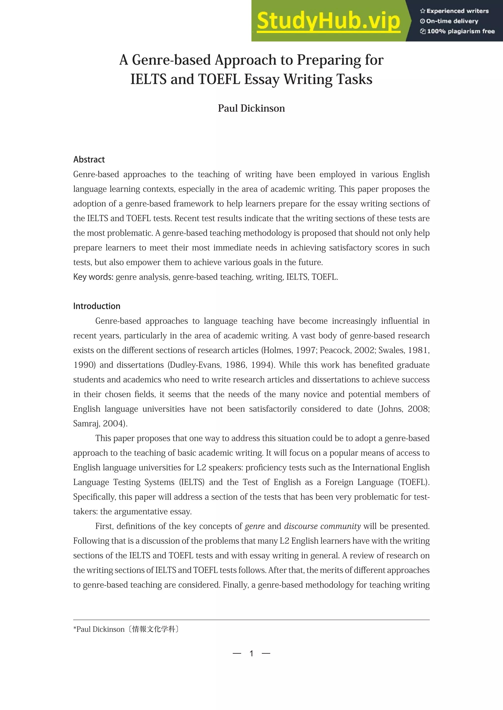 A Genre-Based Approach To Preparing For IELTS And TOEFL Essay Writing ...