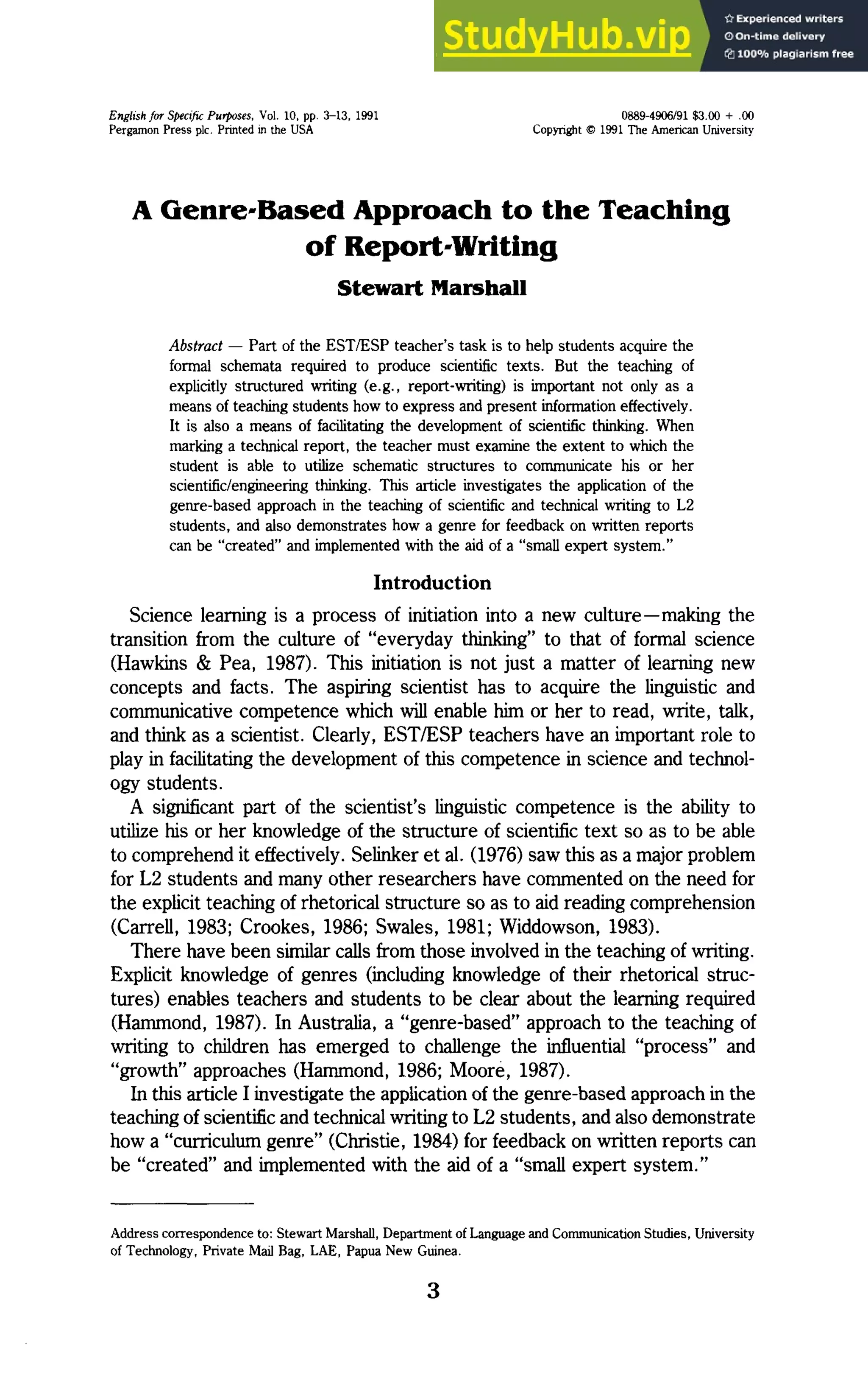 A Genre-Based Approach To The Teaching Of Report-Writing | PDF