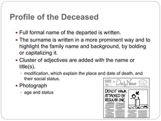 A genre analysis of obituaries and death announcements | PPTX