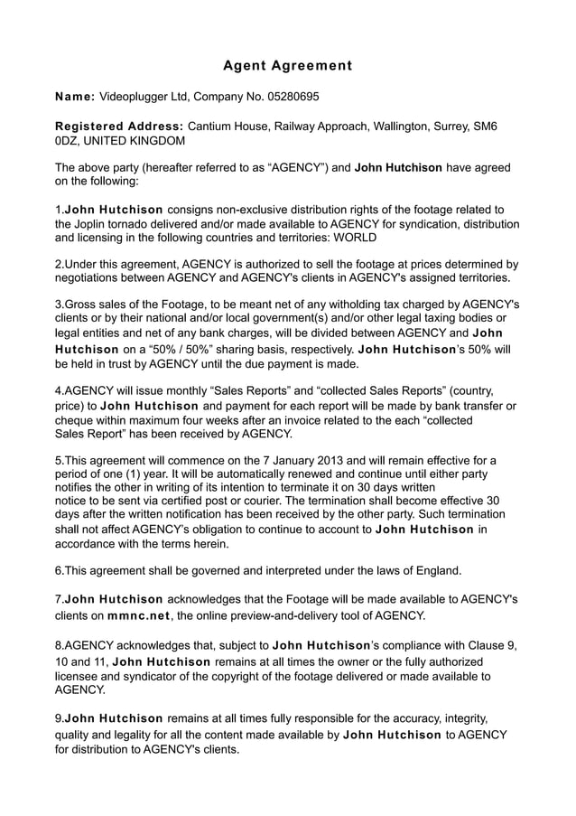 Agent agreement john hutchison revised | PDF | Business Banking ...