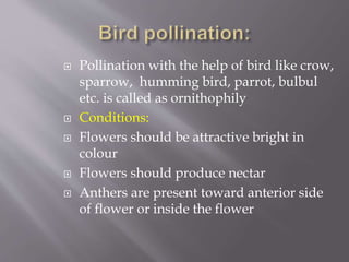 Agents of Pollination, hydrophily, anemophily, cheropetrophily ...