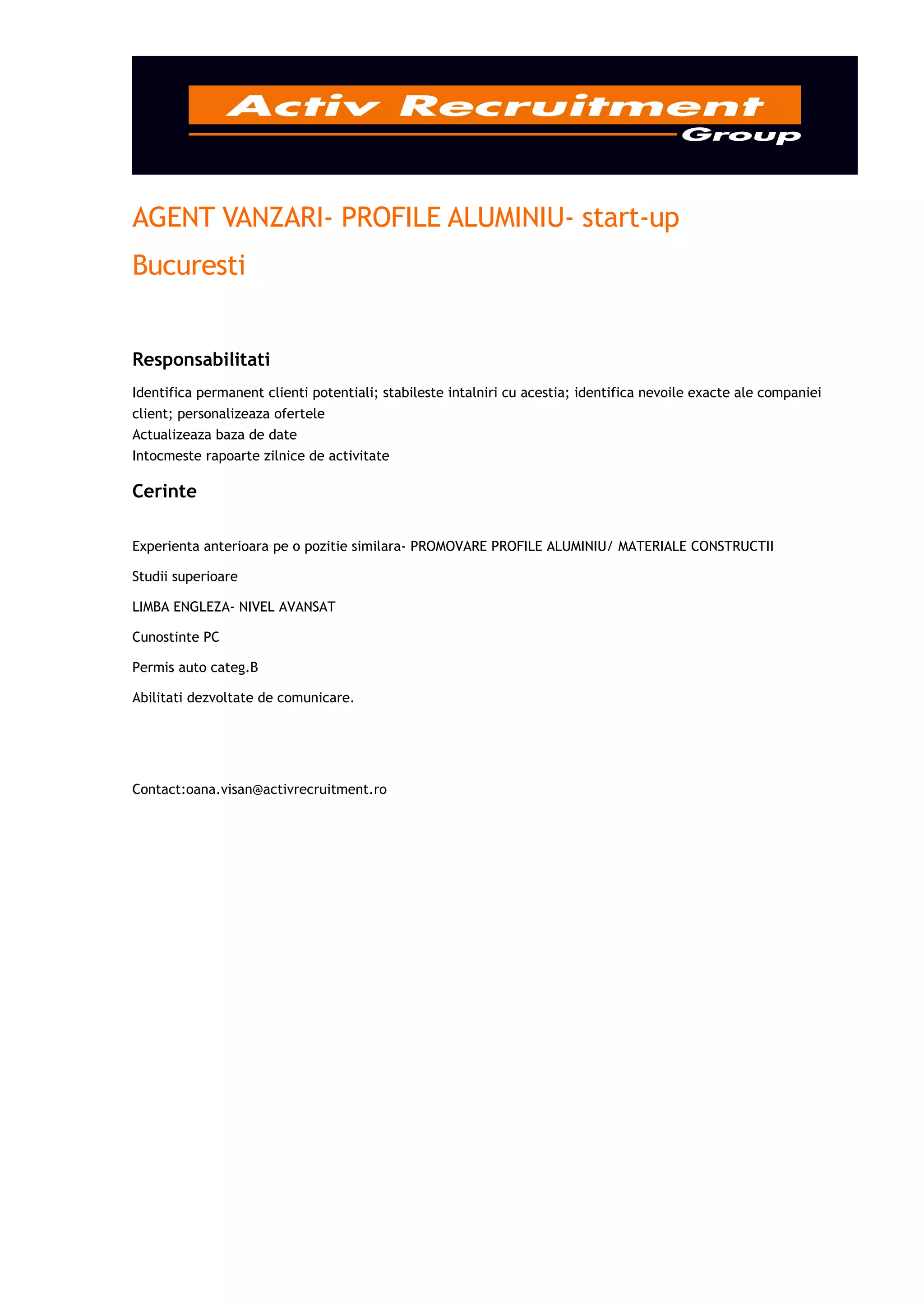 Agent vanzari profile aluminiu- start-up | DOC