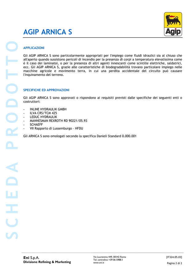 Olio idraulico biodegradabile Agip Arnica S - Fornid | PDF