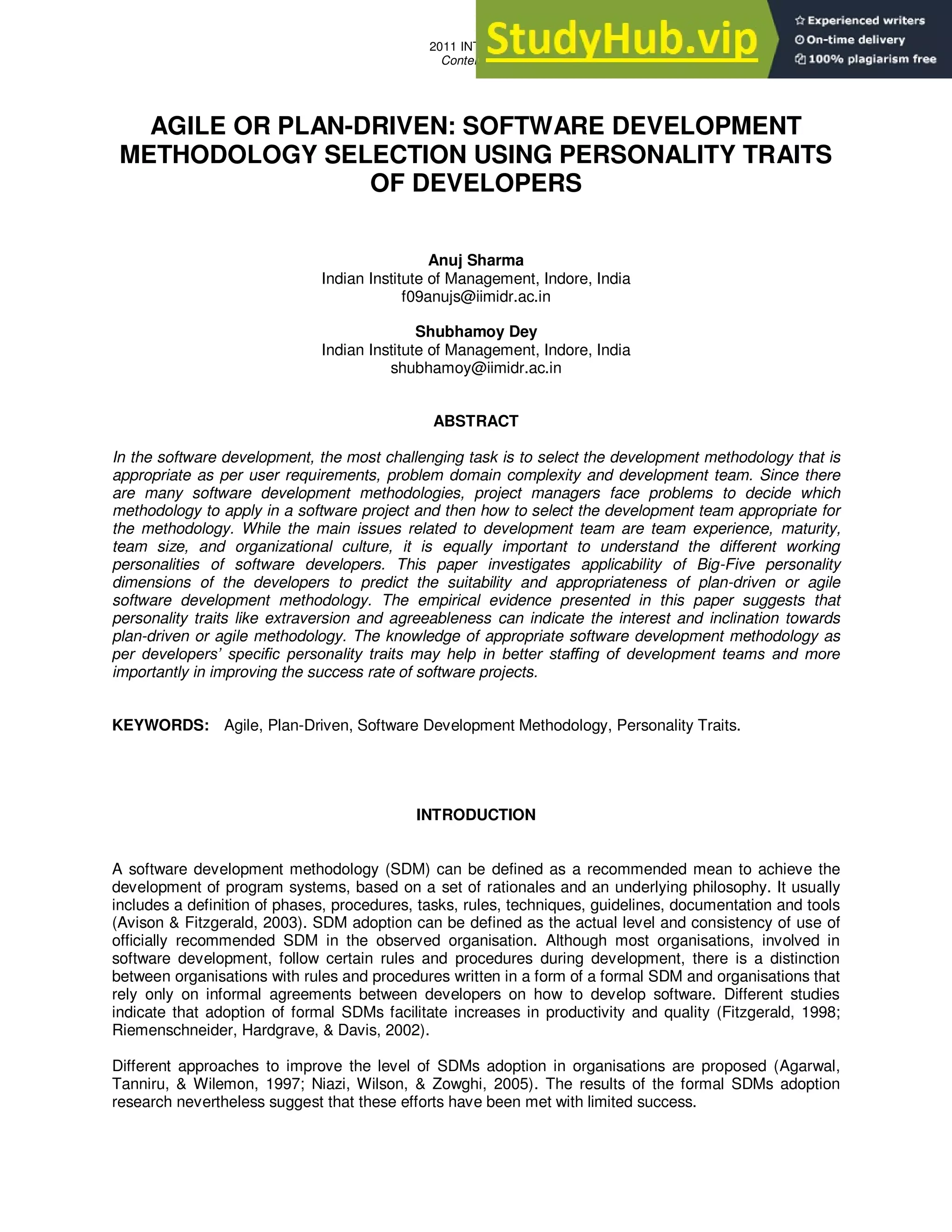 AGILE OR PLAN-DRIVEN SOFTWARE DEVELOPMENT METHODOLOGY SELECTION USING PERSONALITY TRAITS OF ...
