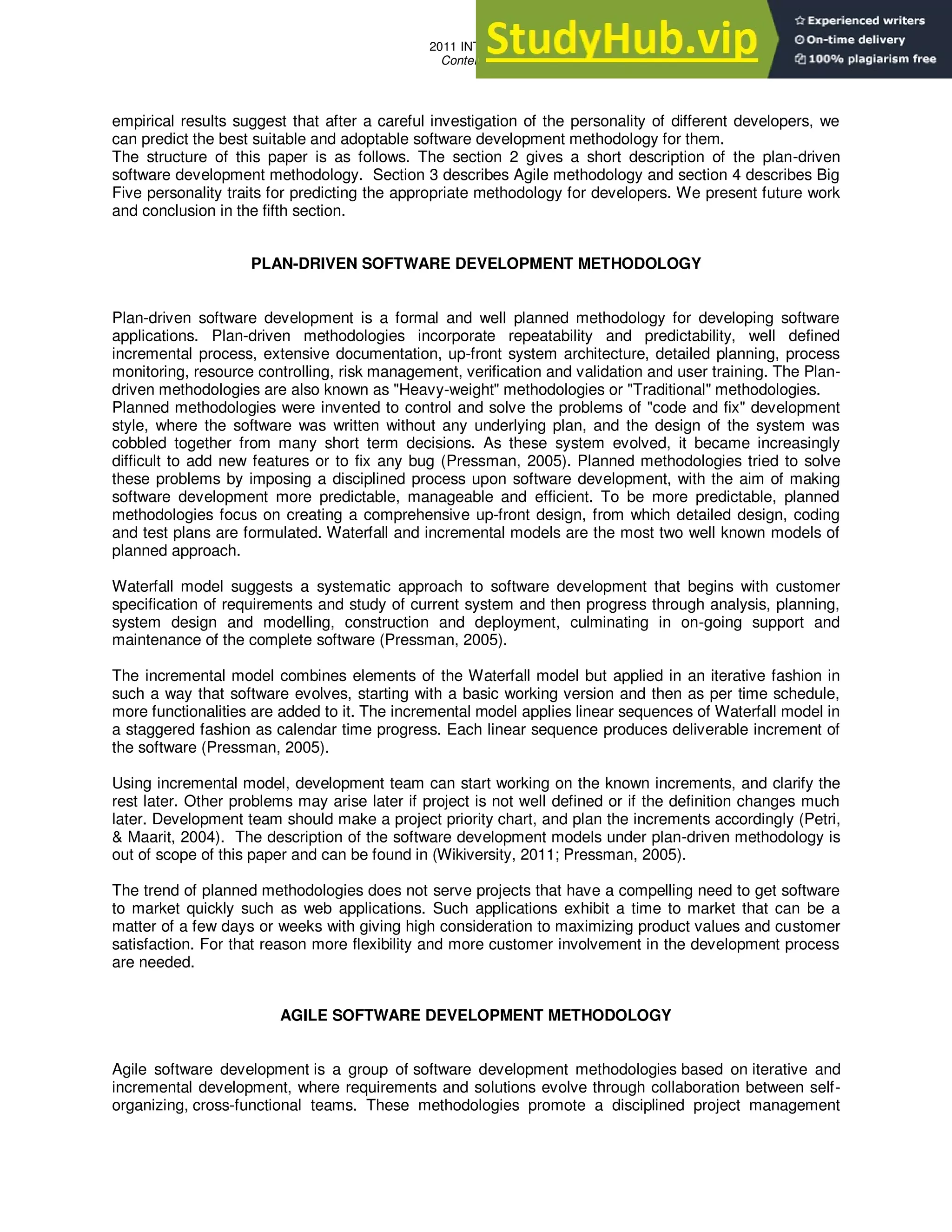 AGILE OR PLAN-DRIVEN SOFTWARE DEVELOPMENT METHODOLOGY SELECTION USING PERSONALITY TRAITS OF ...