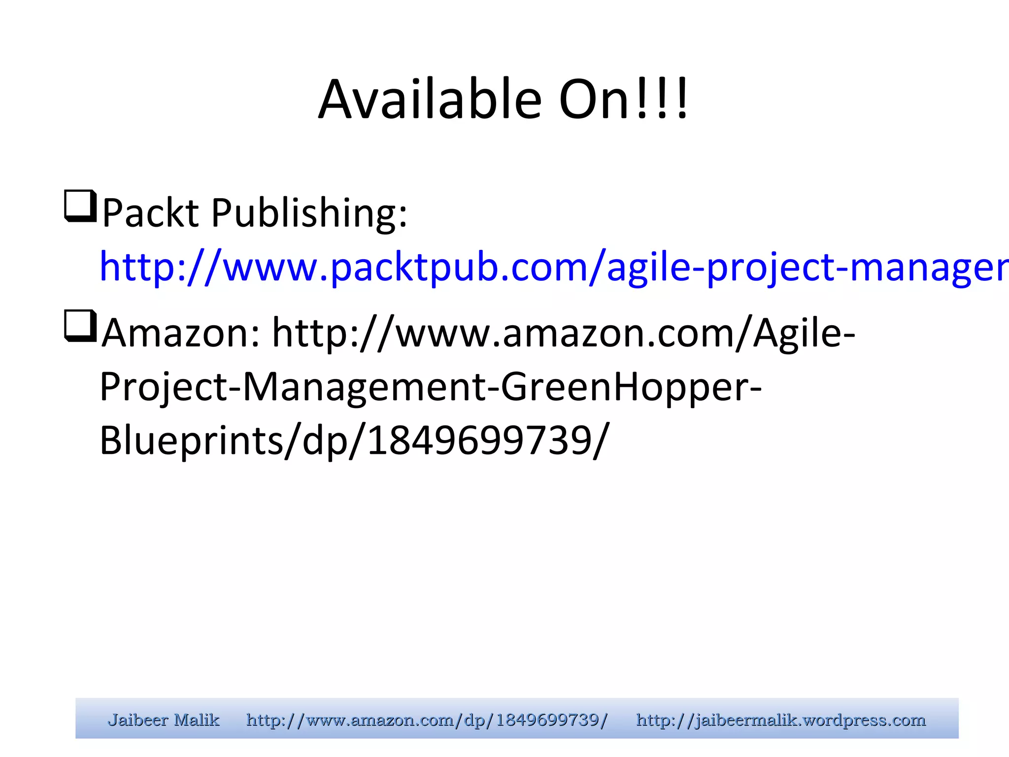 Agile project management with green hopper 6 blueprints | PPT