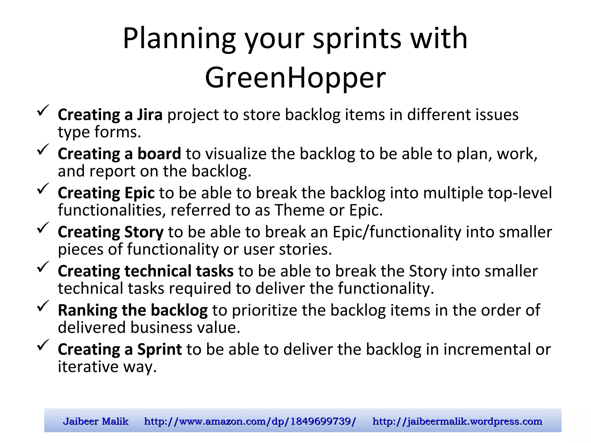 Agile project management with green hopper 6 blueprints | PPT