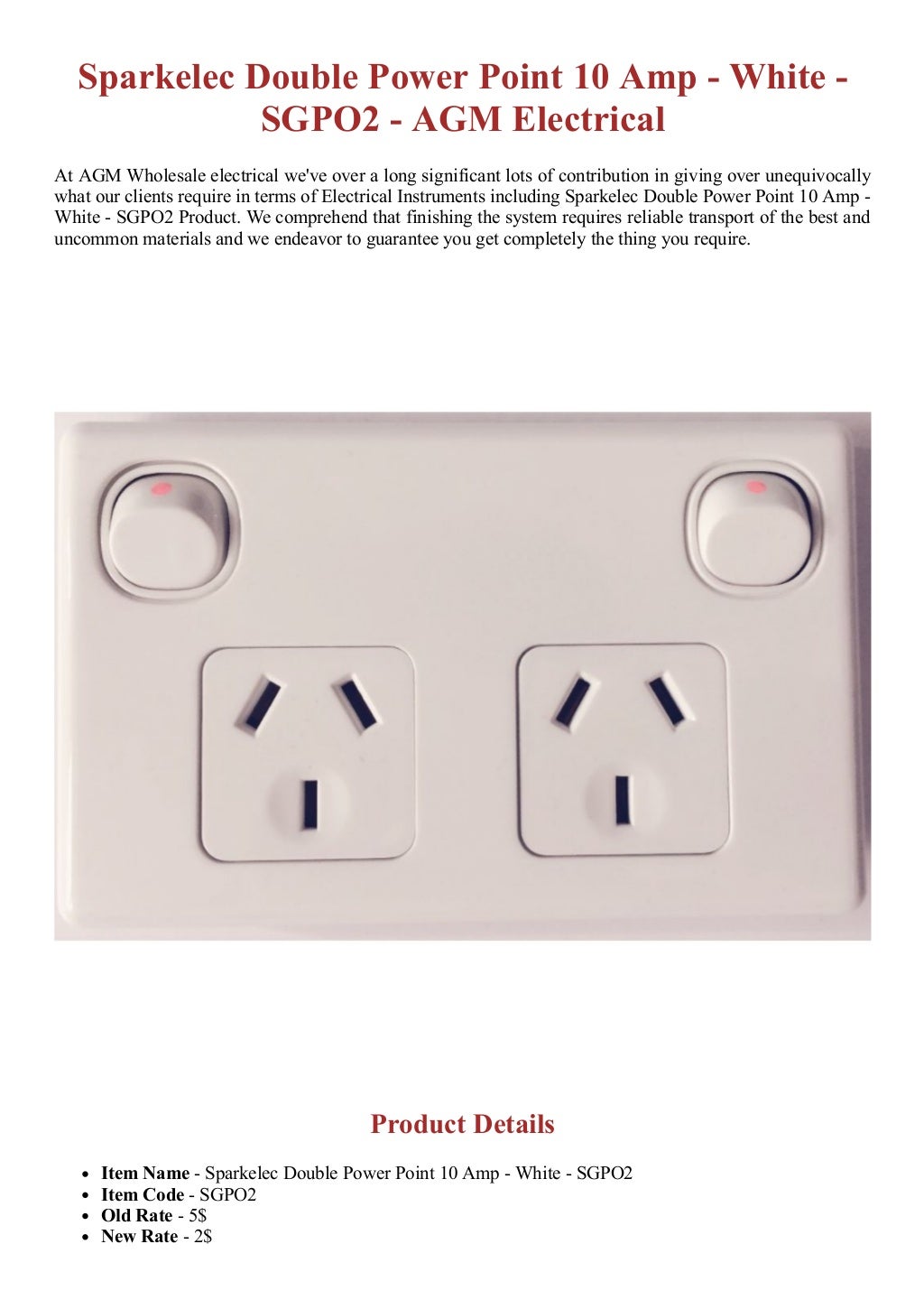 Sparkelec Double Power Point 10 Amp - White - SGPO2 - AGM Electrical