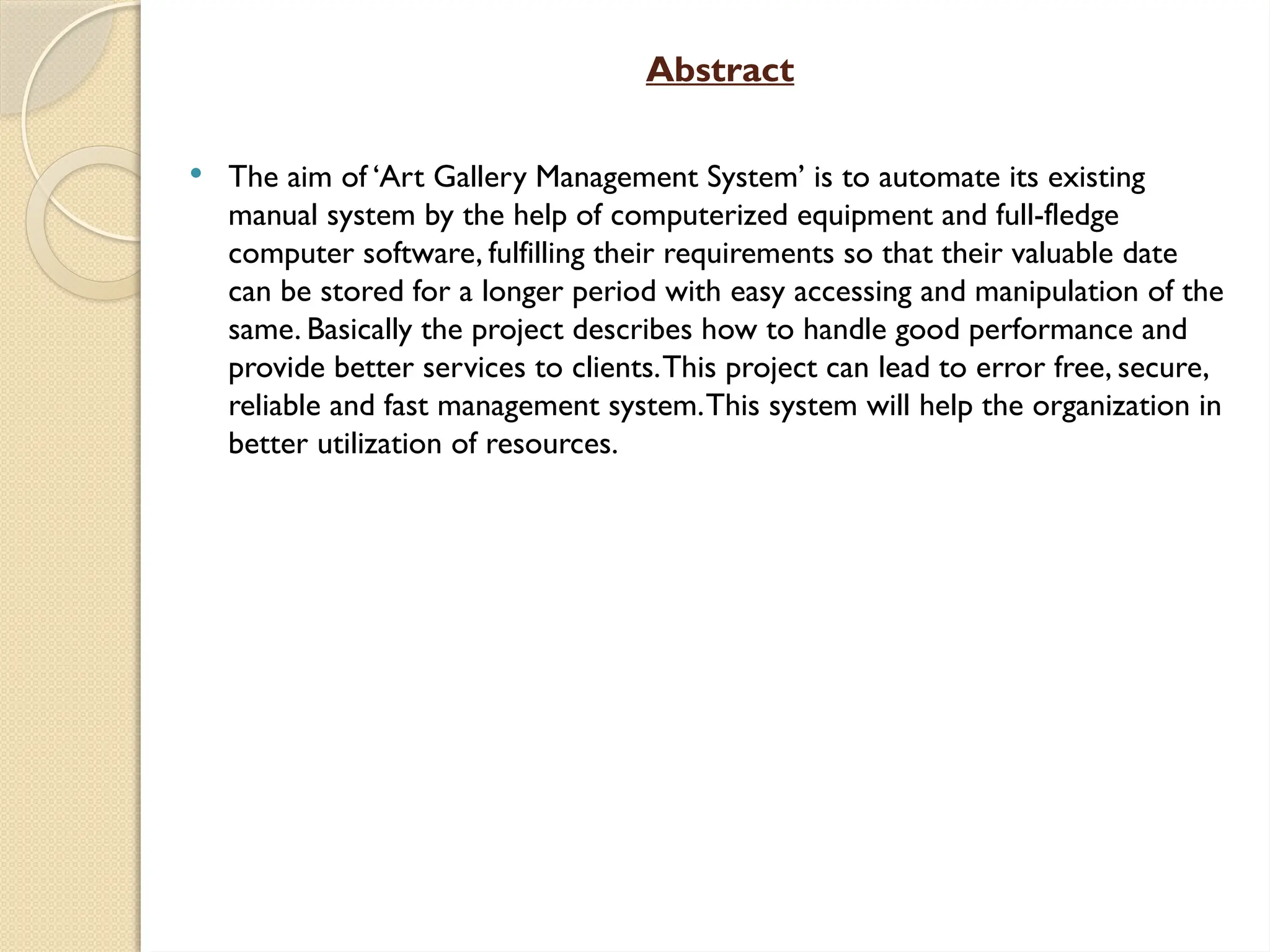 Art galleries management system PPT Manipal | PPTX