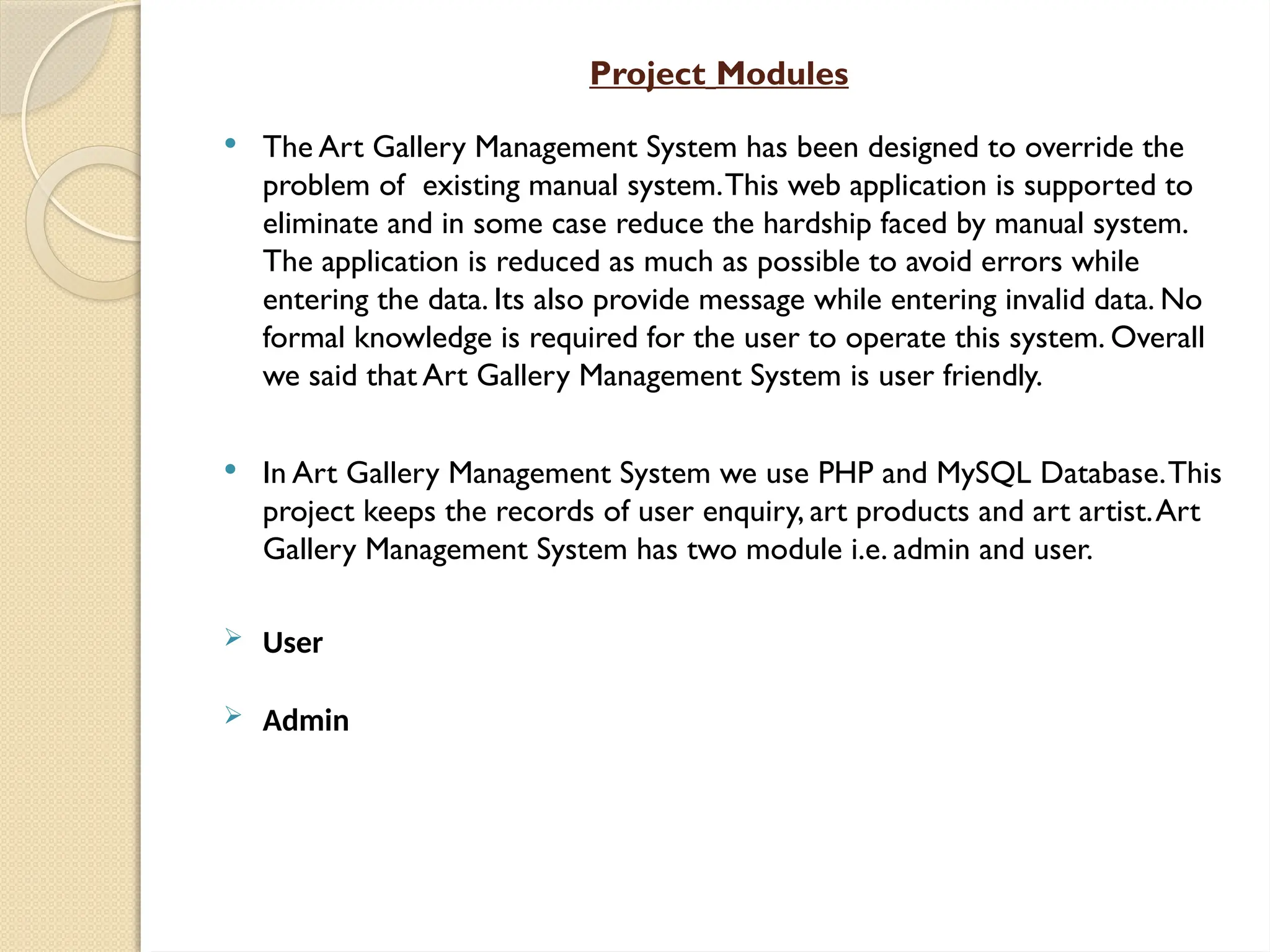 Art galleries management system PPT Manipal | PPTX