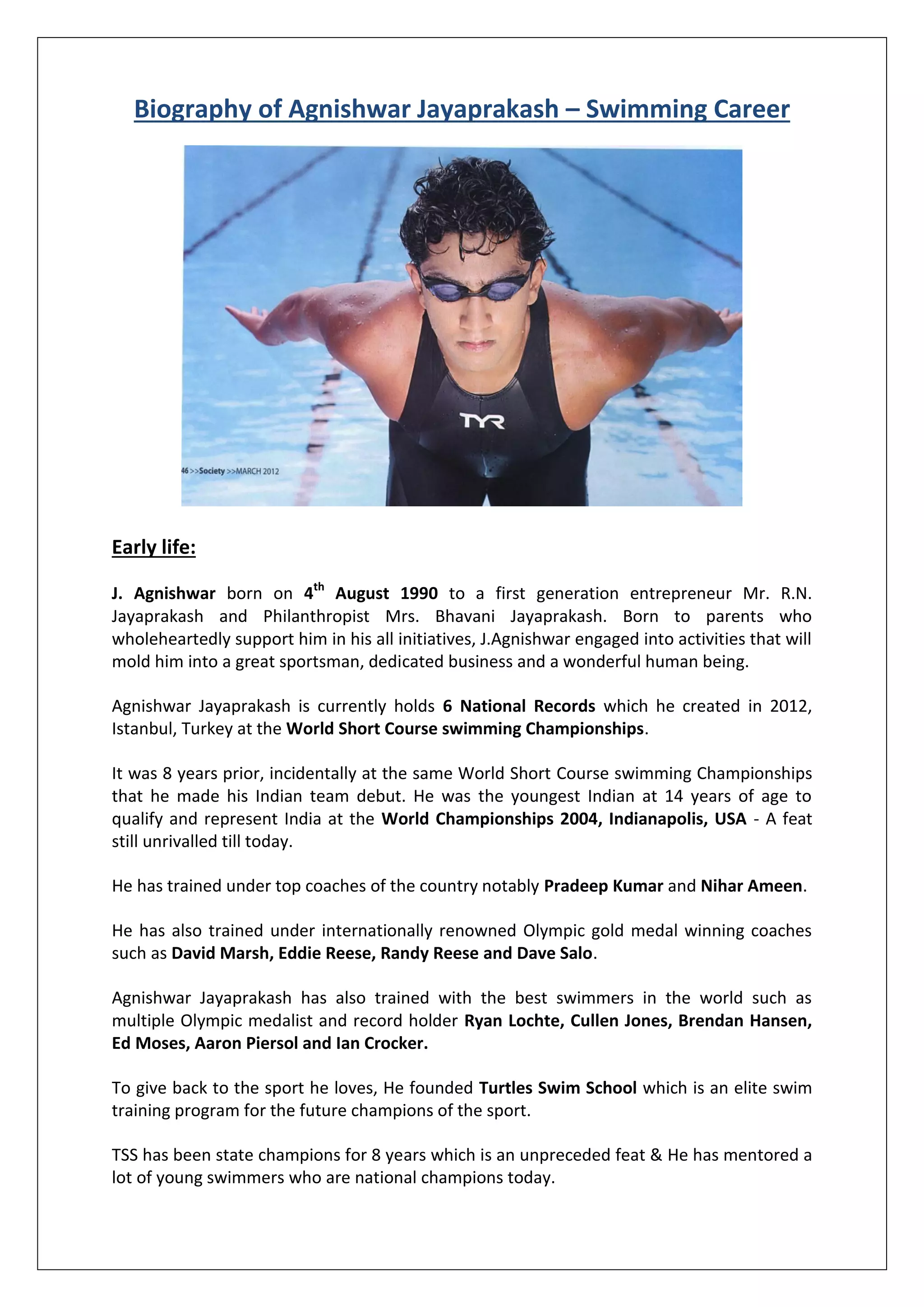 Agnishwar Jayaprakash Swimming Biography | PDF