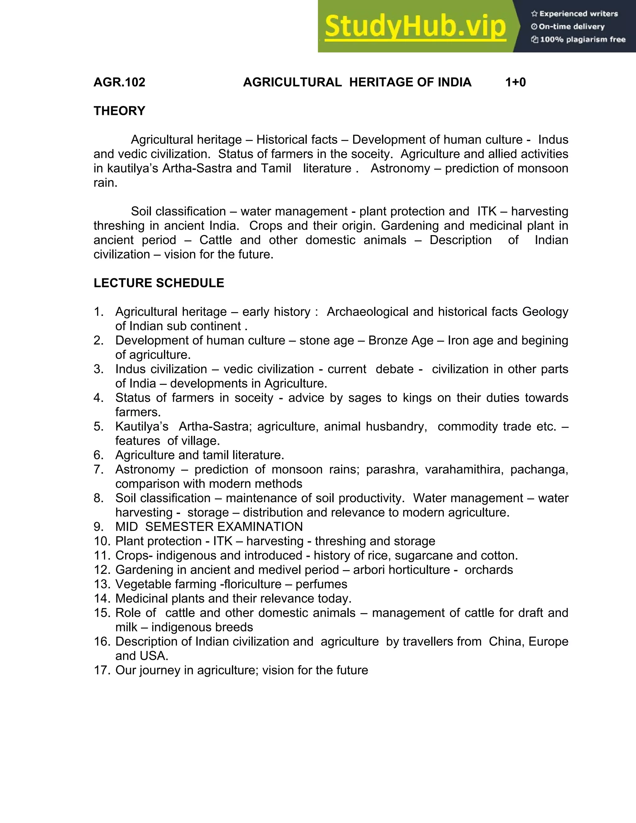 AGR.102 AGRICULTURAL HERITAGE OF INDIA 1 0 THEORY | PDF