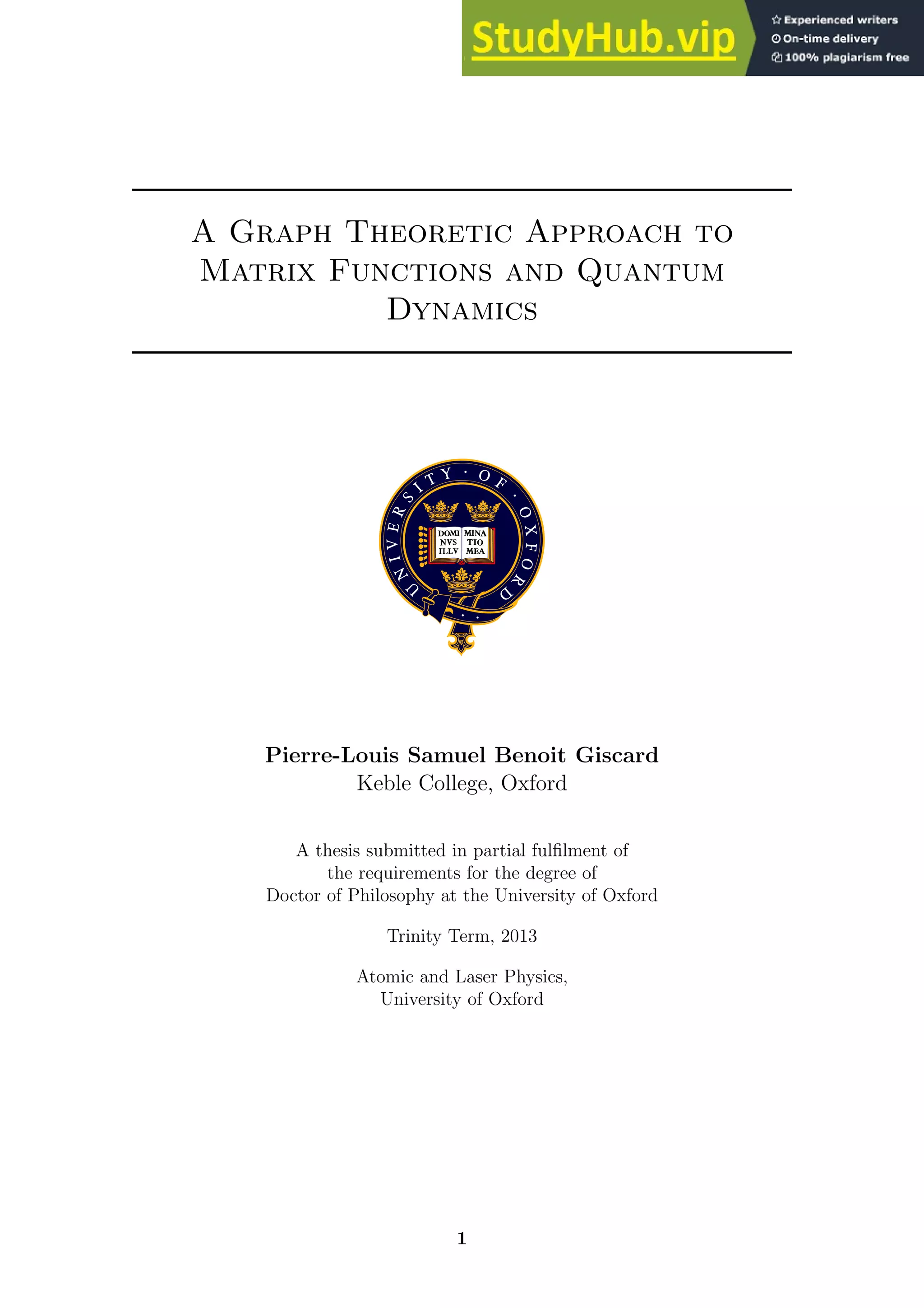 A Graph Theoretic Approach To Matrix Functions And Quantum Dynamics (PhD Thesis) | PDF