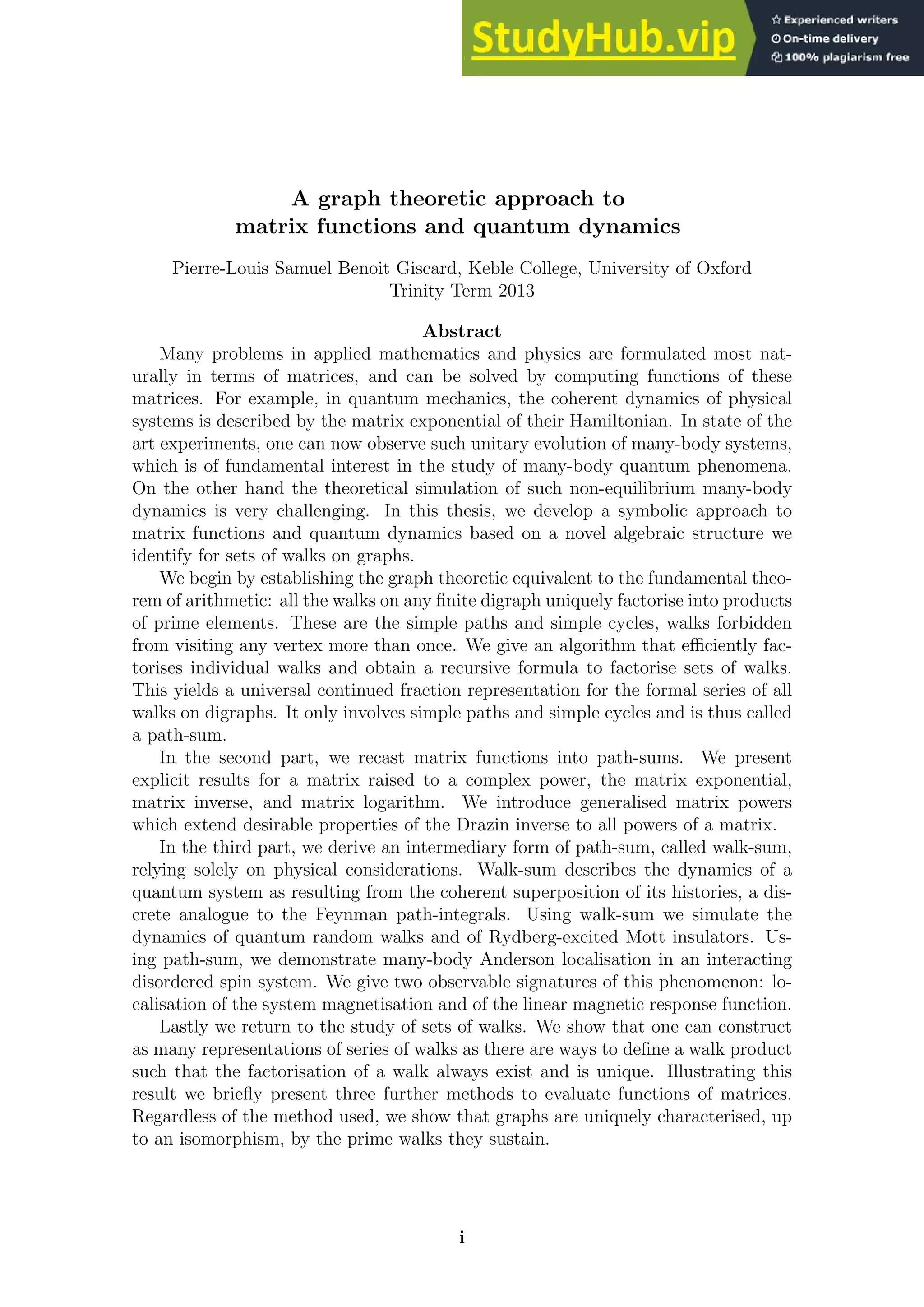 A Graph Theoretic Approach To Matrix Functions And Quantum Dynamics ...